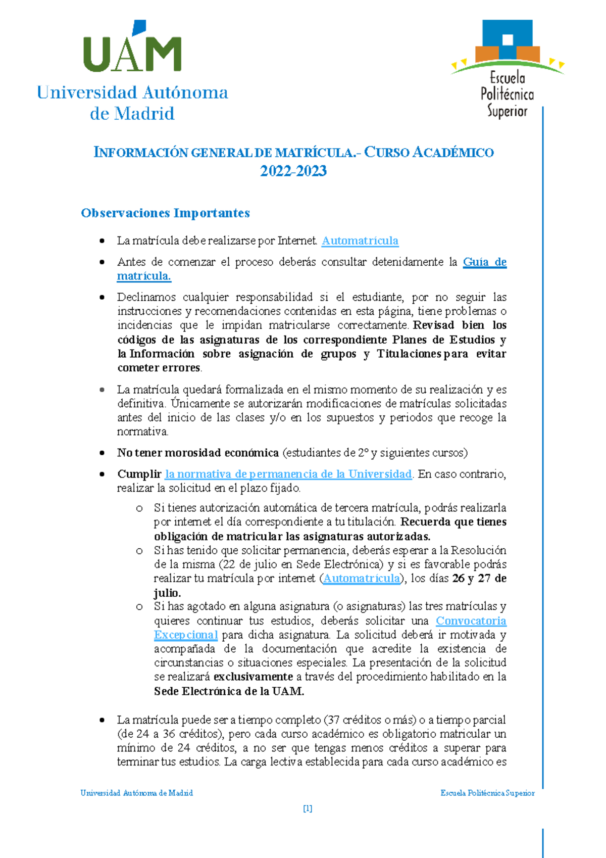 Instrucciones de matrícula - Universidad Autónoma de Madrid Escuela ...