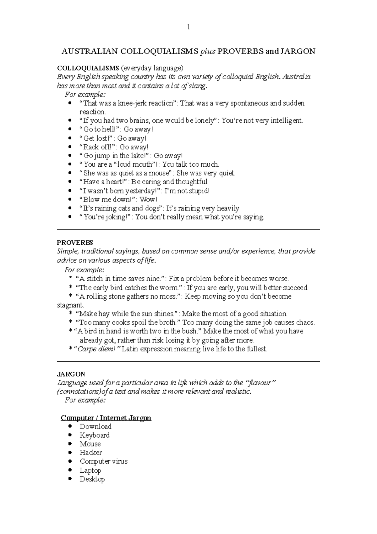 Colloquialisms, Proverbs and Jargon - AUSTRALIAN COLLOQUIALISMS plus ...