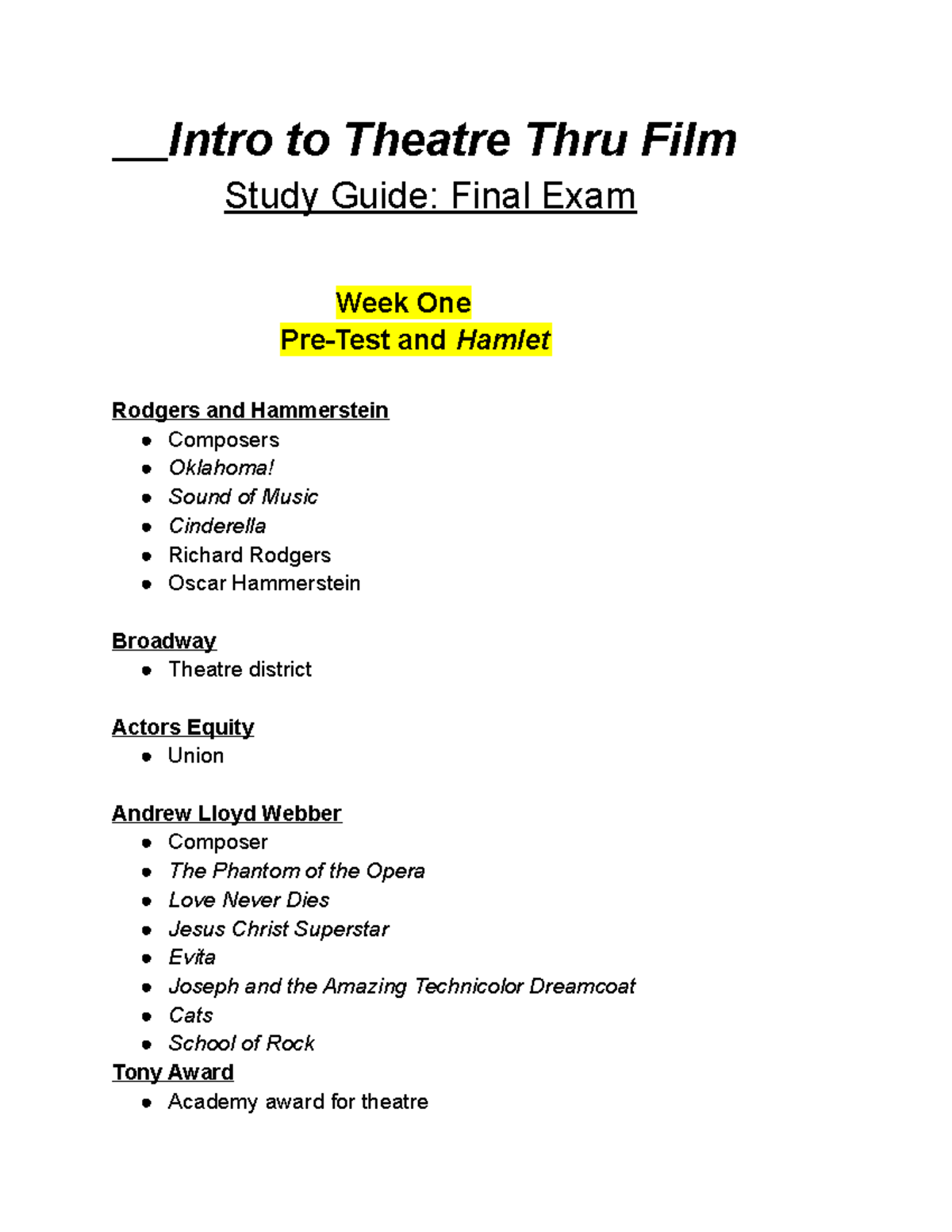 Final Study Guide - Summary Introduction to Theatre through Film ...