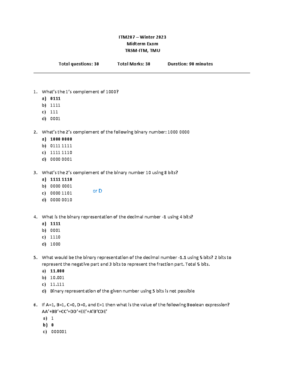 ITM207 Winter 23 Midterm Solutions - ITM207 – Winter 2023 Midterm Exam ...