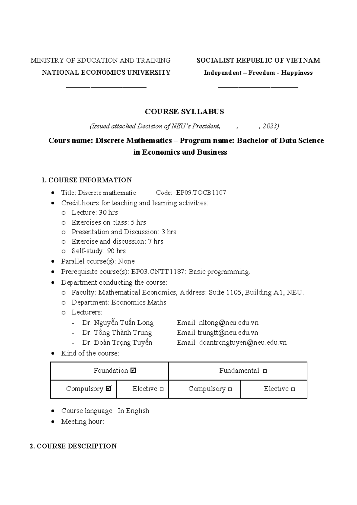 Syllabus Discrete mathematics DSEB - MINISTRY OF EDUCATION AND TRAINING ...