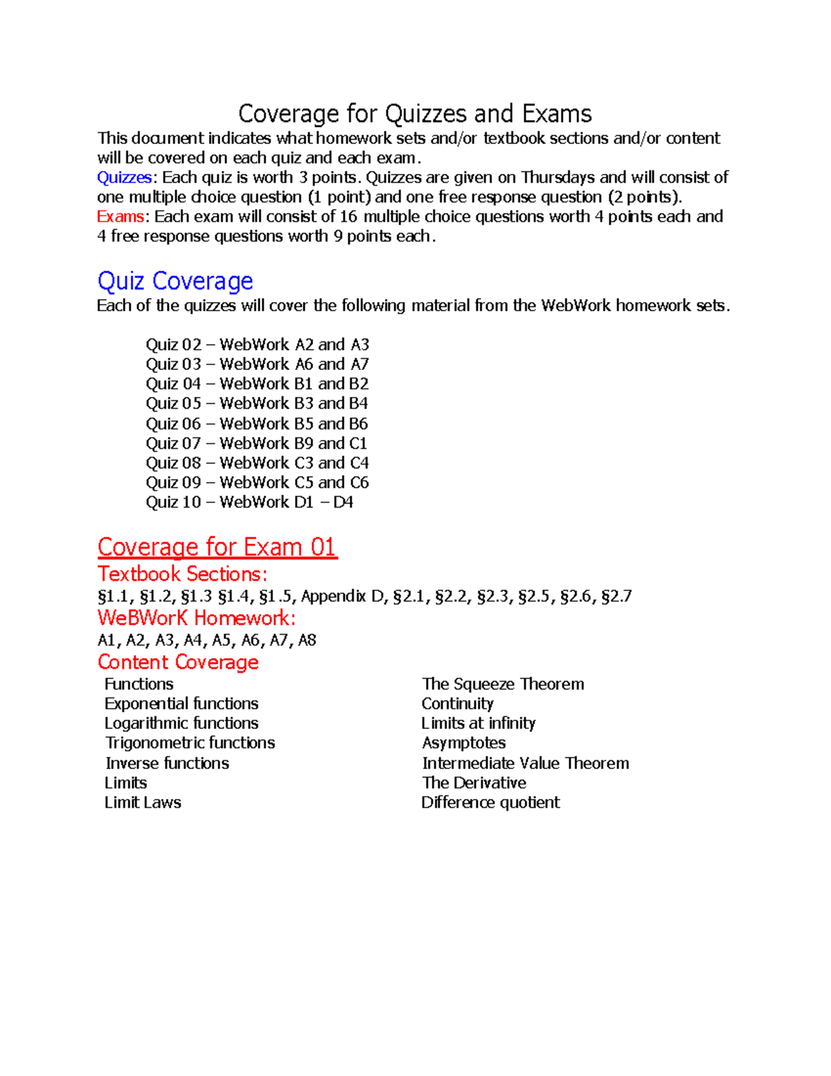 Coverage on Quizzes and Exams - Coverage for Quizzes and Exams This ...