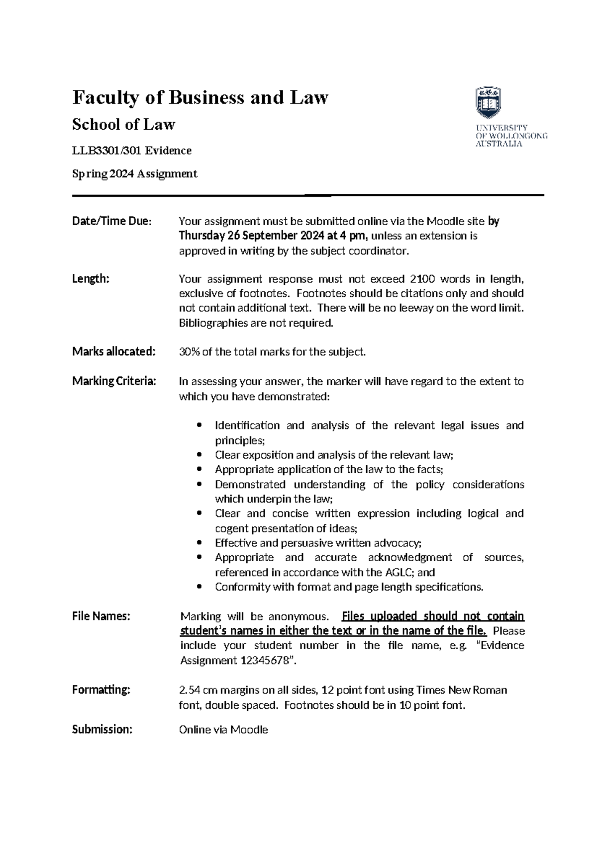 LLB 3301 Spring 2024 Assignment - Faculty of Business and Law School of ...