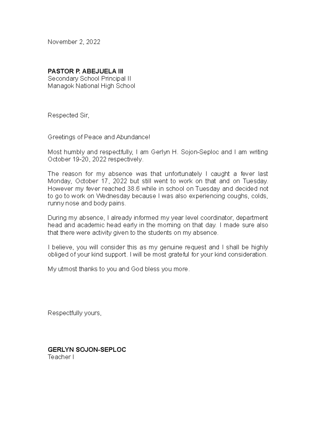 Intent Letter Sick Leave - November 2, 2022 PASTOR P. ABEJUELA III ...
