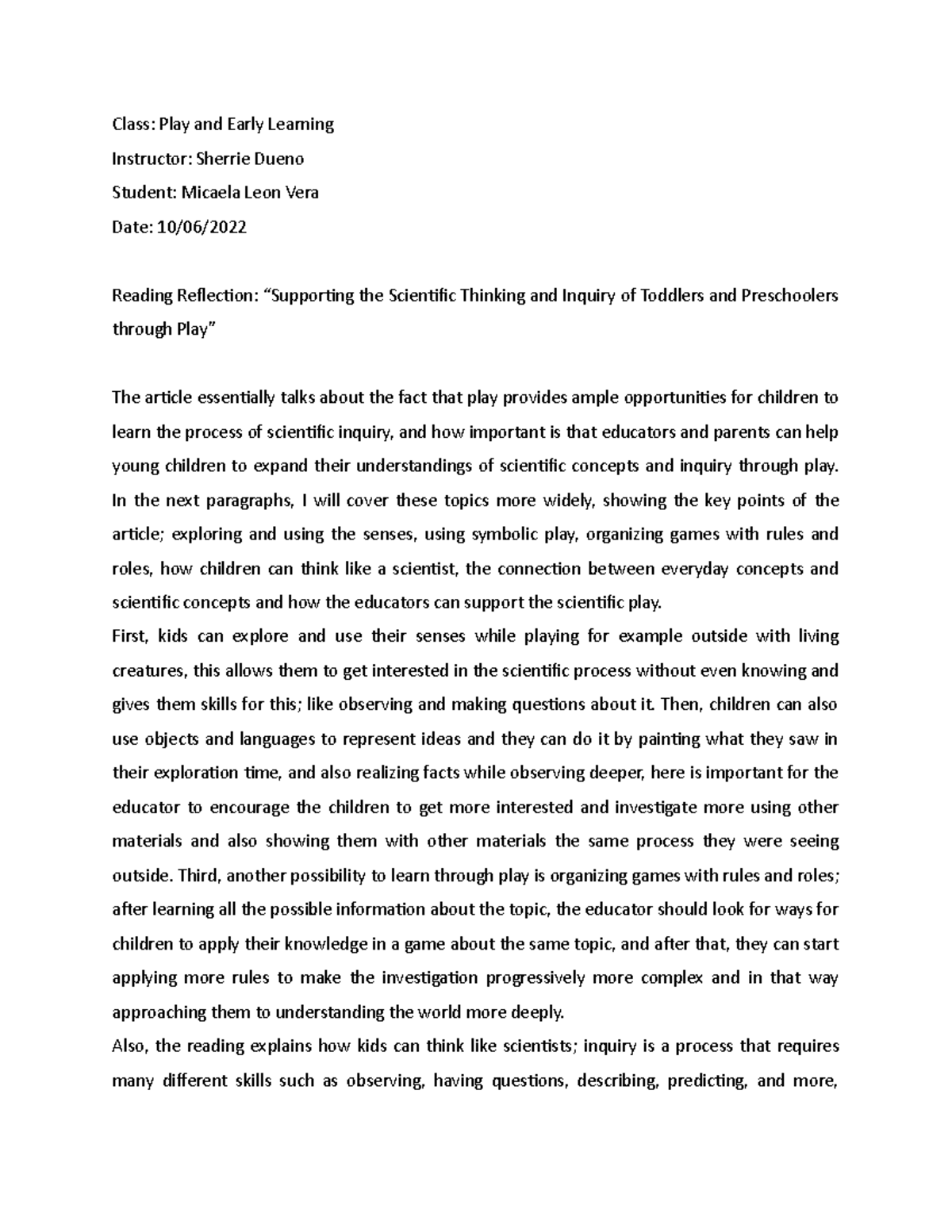 Module 6 - Reading reflection - Class: Play and Early Learning ...