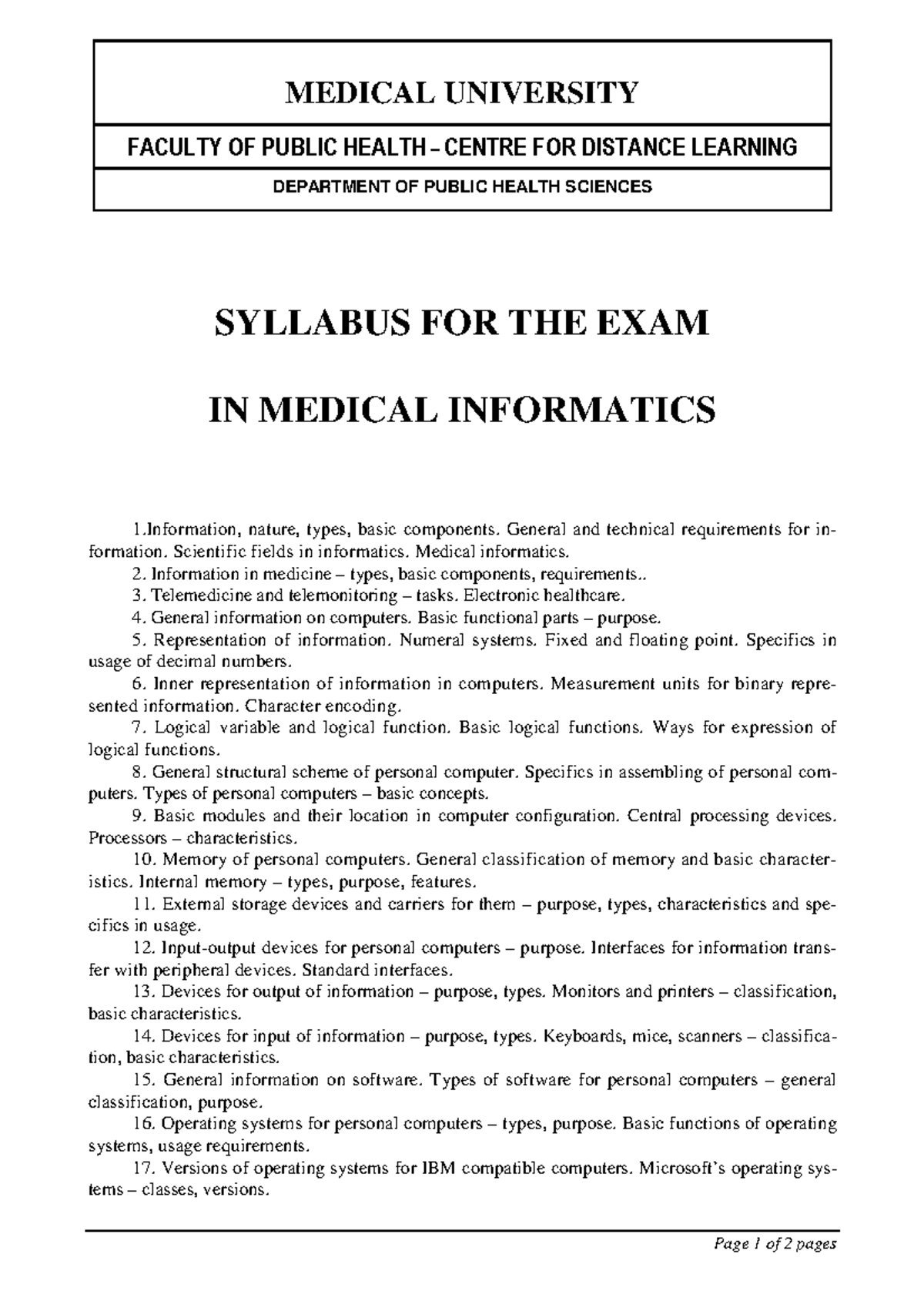 Informatics Synopsis - MEDICAL UNIVERSITY FACULTY OF PUBLIC HEALTH ...