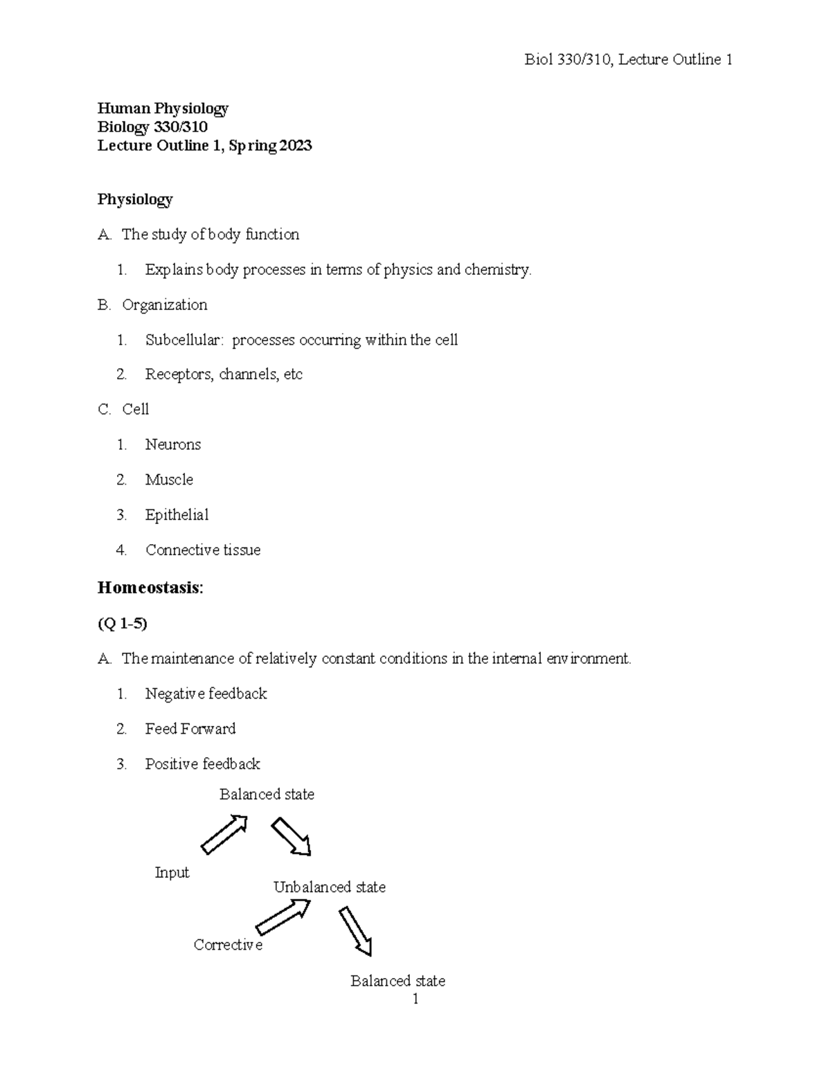 Lecture outline 1 Spring 2023 - Human Physiology Biology 330/ Lecture ...