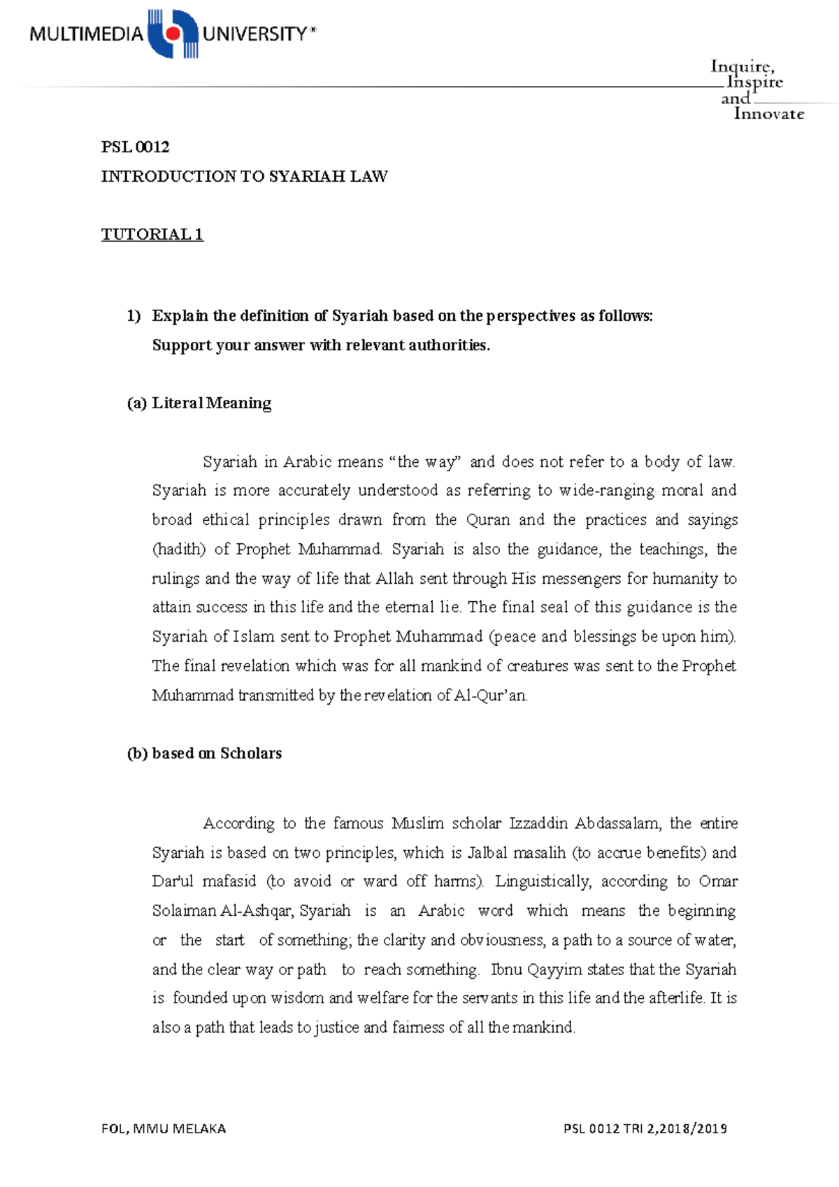 Tutorial 1 - Introduction to syariah law - MMU - Studocu