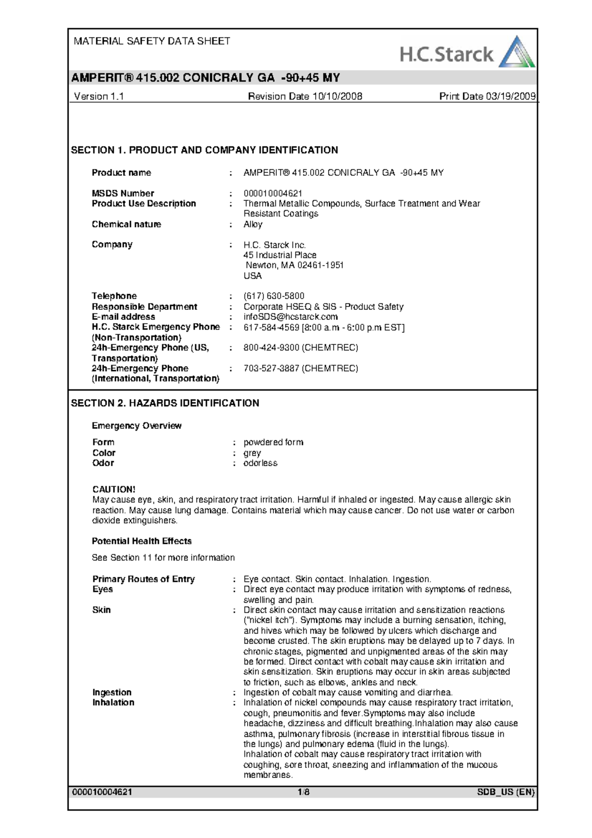MSDS Amperit 415 - hoja de datos de seguridad - AMPERIT® 415 CONICRALY GA -90+45 MY Version 1 ...