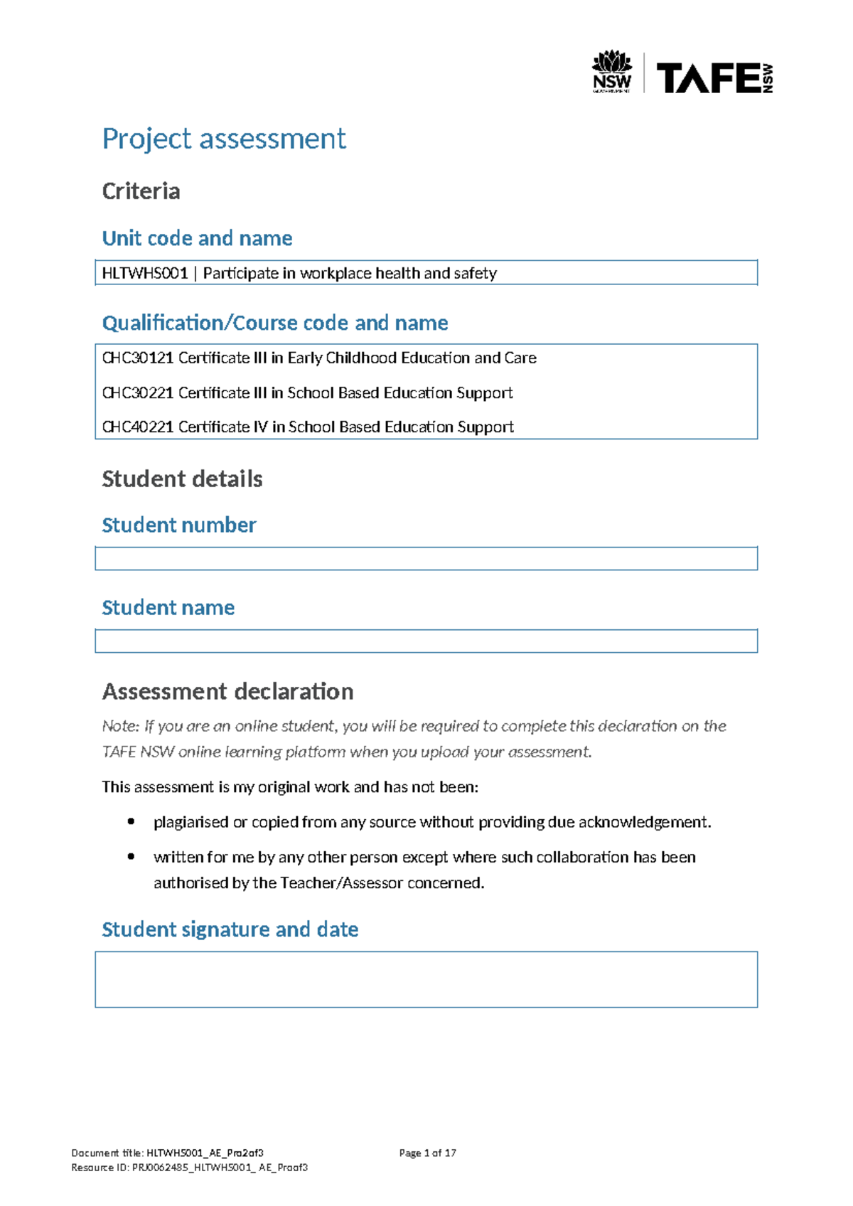 TAFE - Project assessment Criteria Unit code and name HLTWHS001 ...