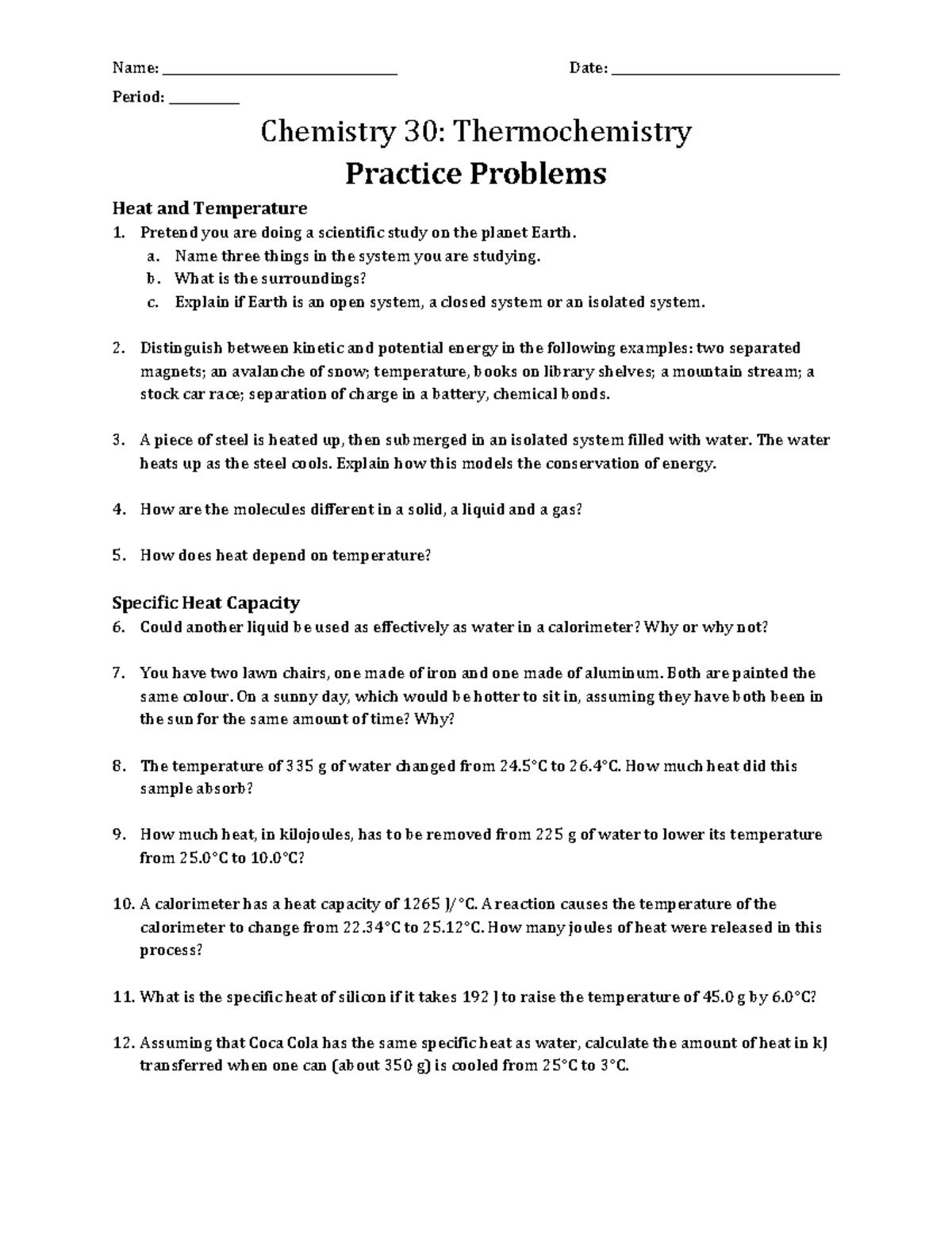 0 thermochemistry practice problems - Name ...