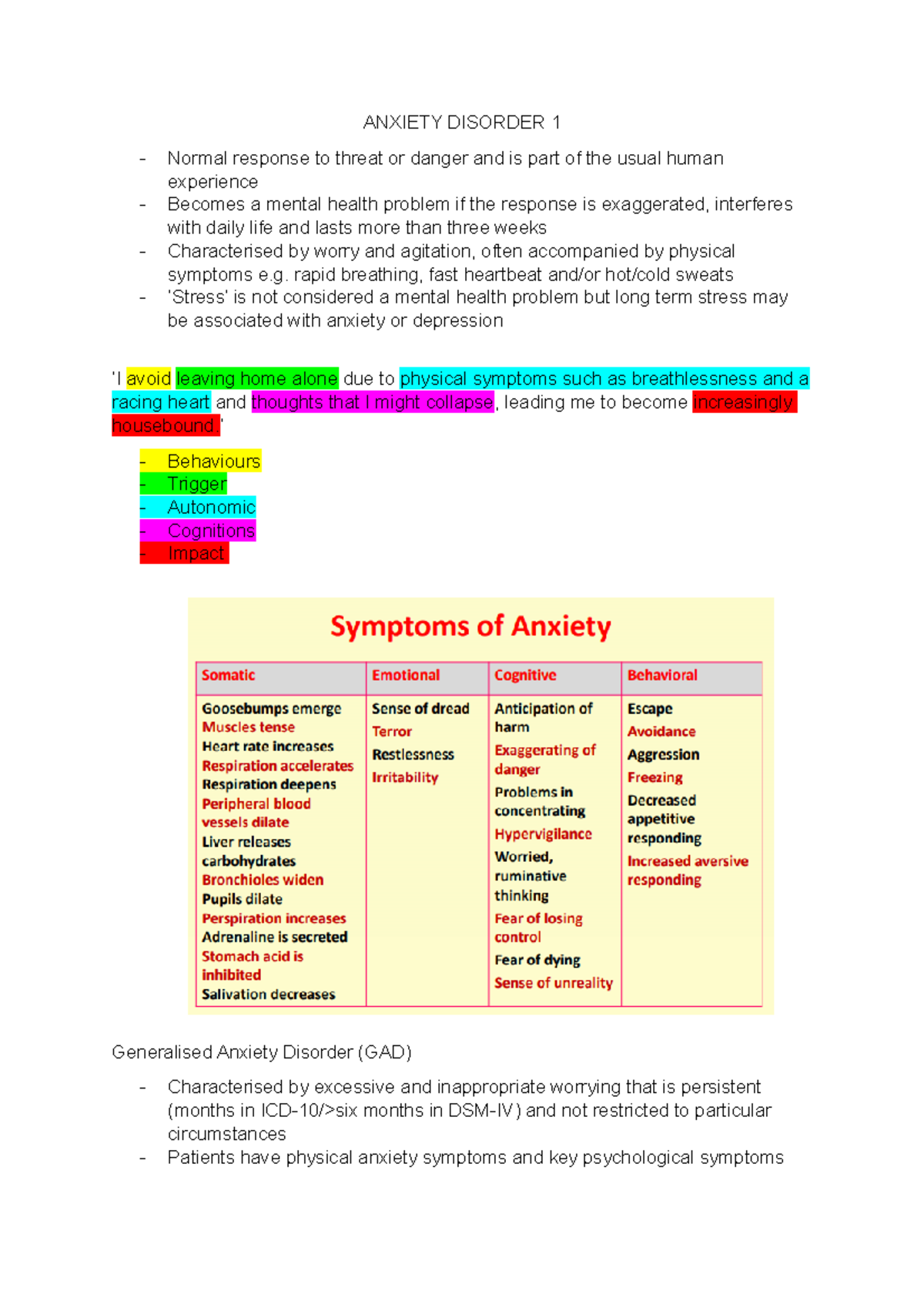Anxiety Disorder 1 - Lecture notes 1 - ANXIETY DISORDER 1 Normal ...