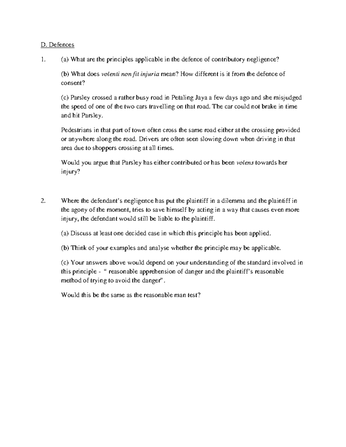 LIA1006, LXEB1121 Tutorial on Defences for Negligence - D. Defences (a ...