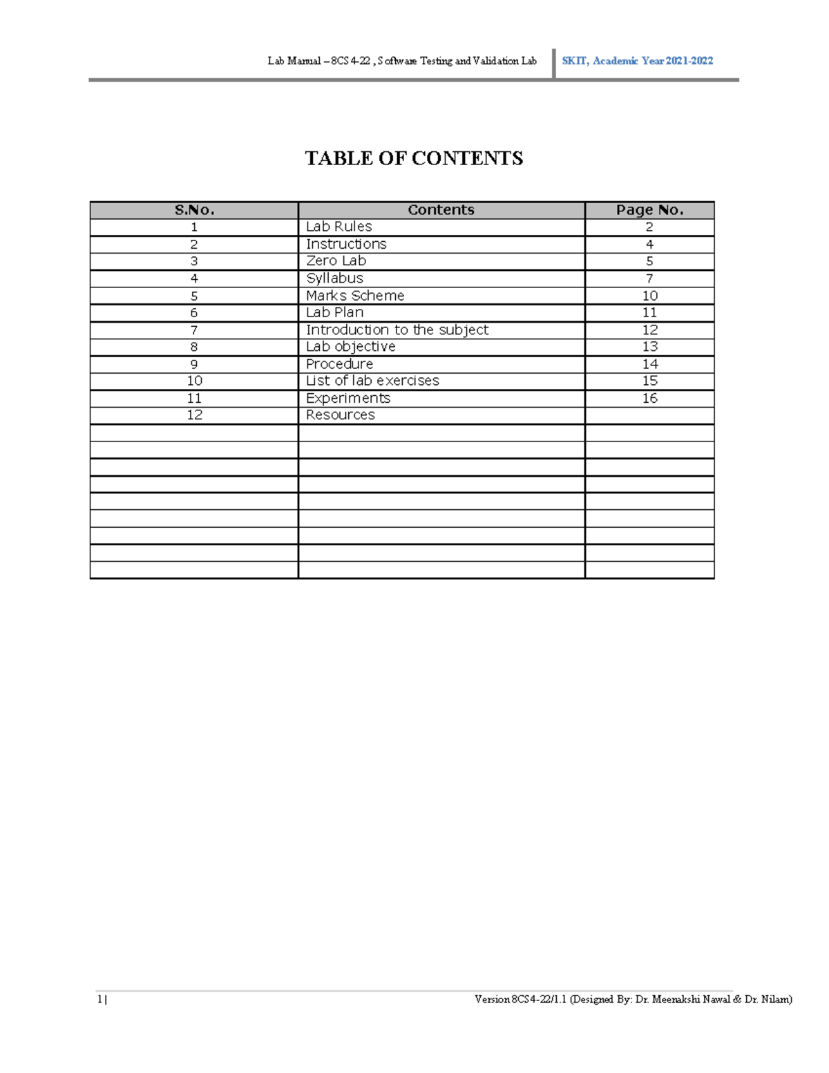 STV Lab Lab Manual-Meenakshi Nawal - TABLE OF CONTENTS 1 Lab Rules S ...