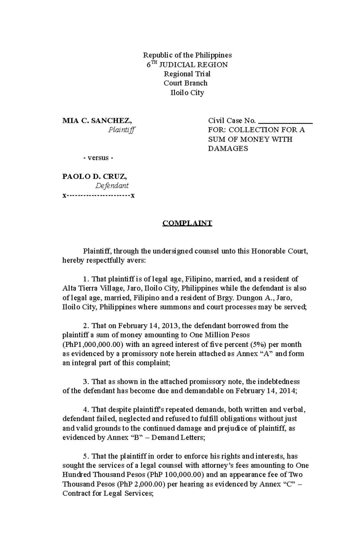 Sample complaint for collection for a sum of money - Juris Doctor - Studocu