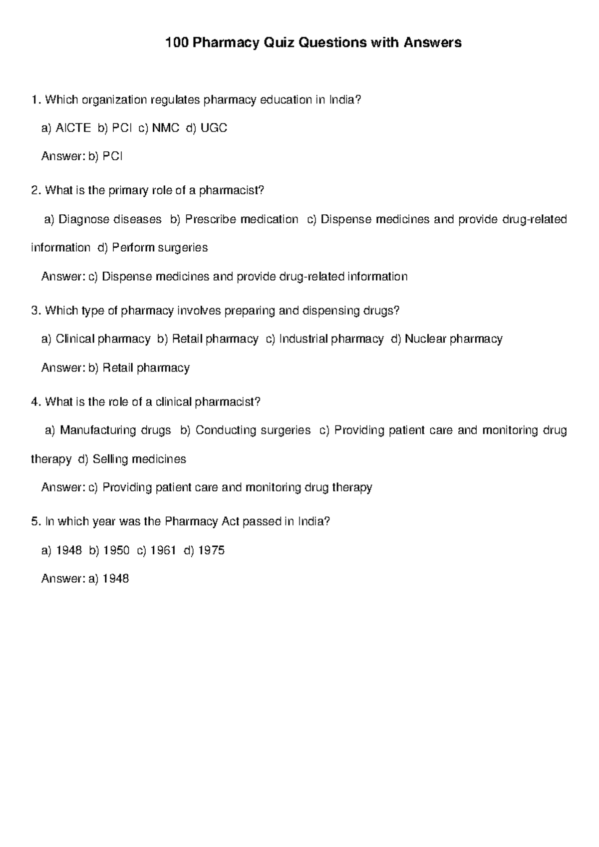 Pharmacy Quiz Questions - Studocu