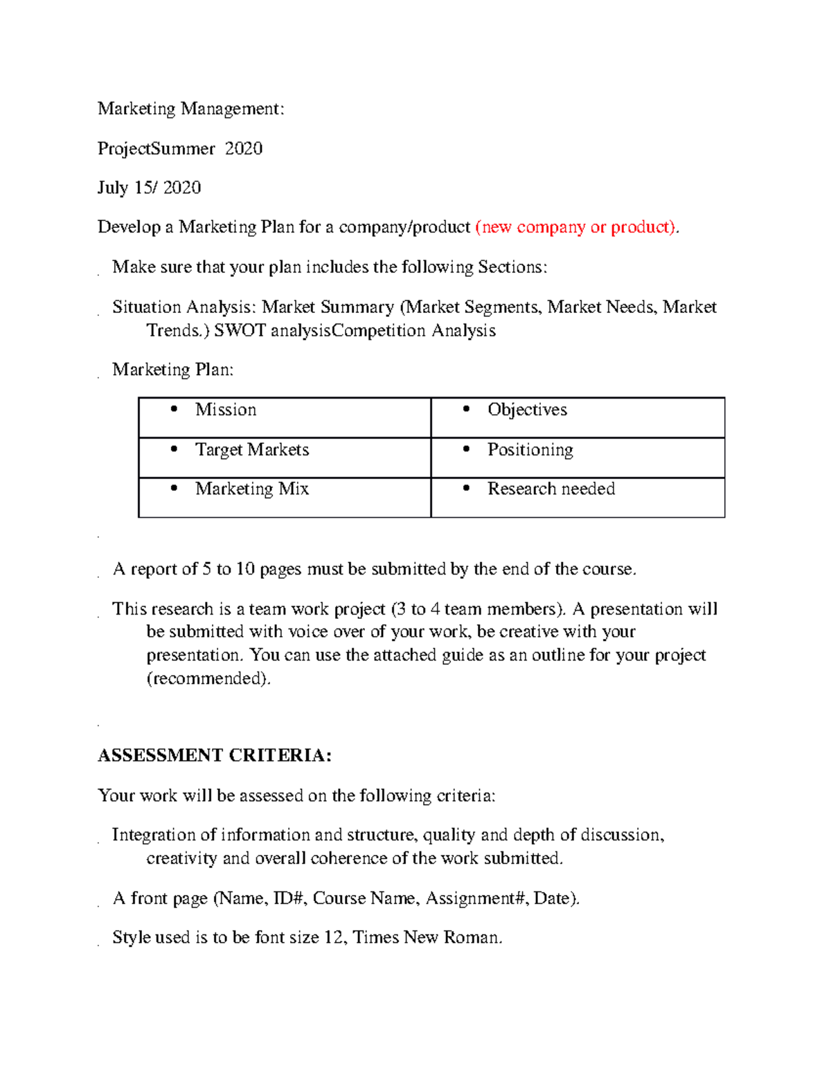 Marketing Management Project Brief - Marketing Management ...