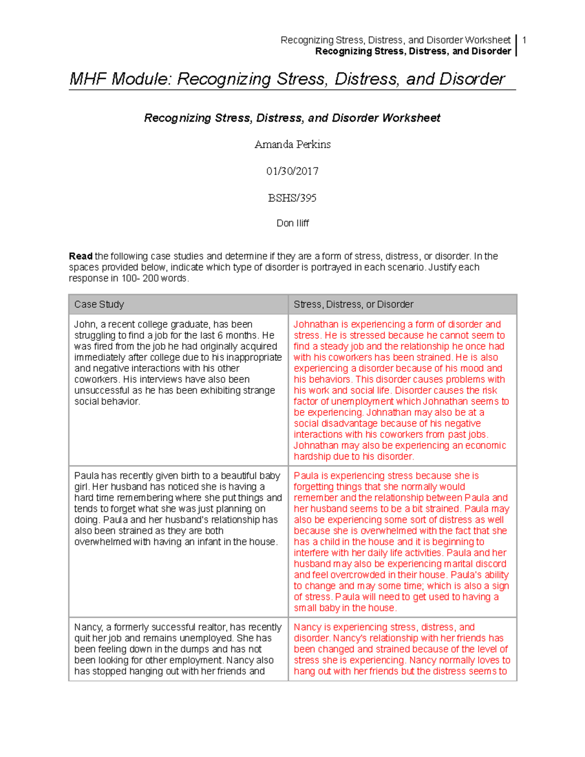 Stress-Distress-Disorder Worksheet - Recognizing Stress, Distress, and ...