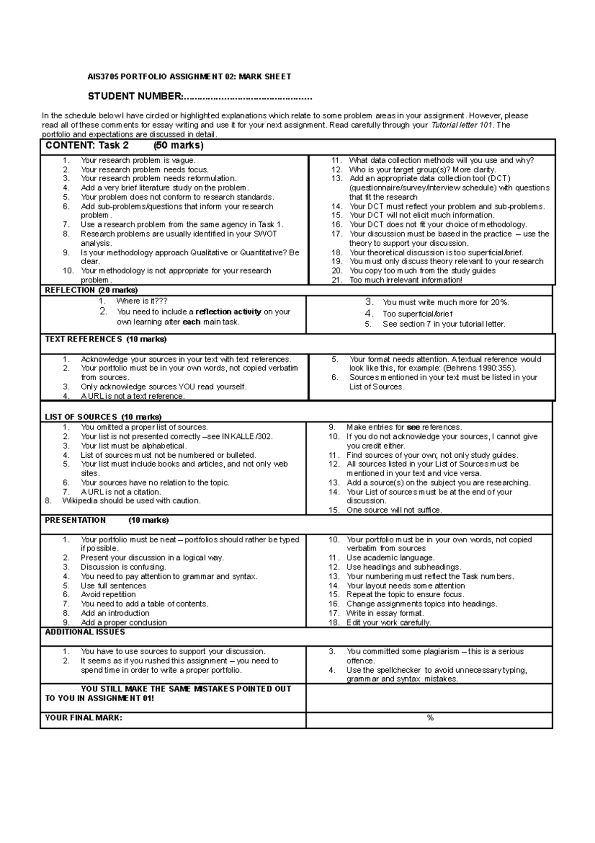 AIS3705 Marksheet Ass02 Template - AIS3705 PORTFOLIO ASSIGNMENT 02 ...