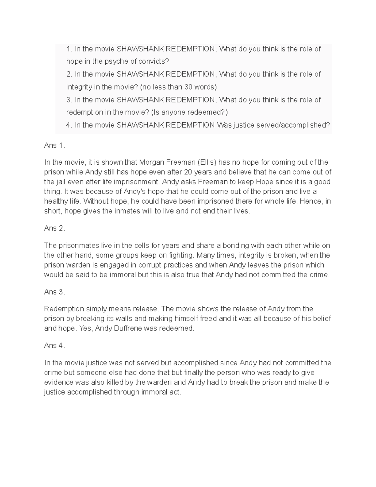 Shawshank Redemption Questions - In the movie SHAWSHANK REDEMPTION ...