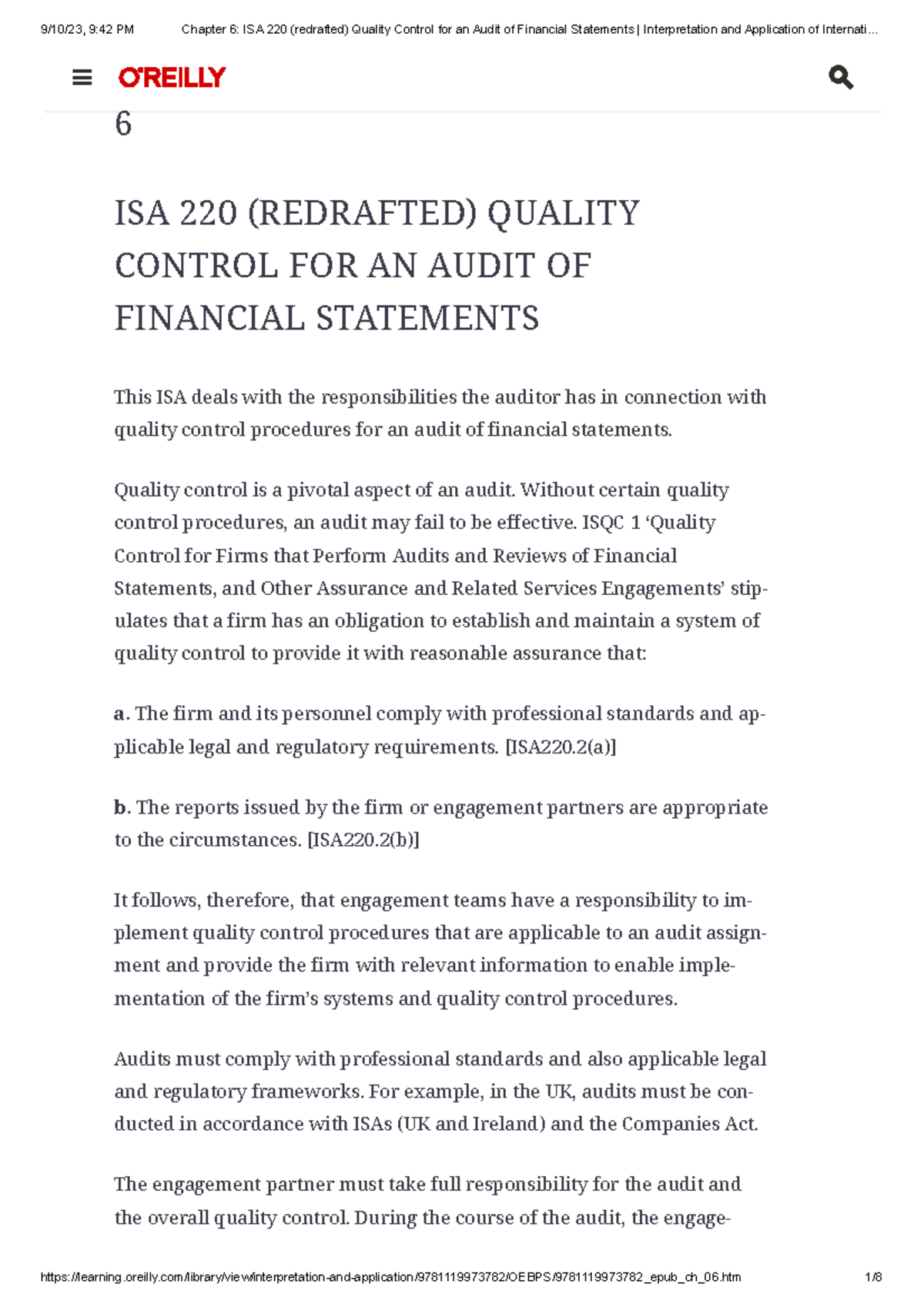 Chapter 6 ISA 220 (redrafted) Quality Control for an Audit of Financial ...