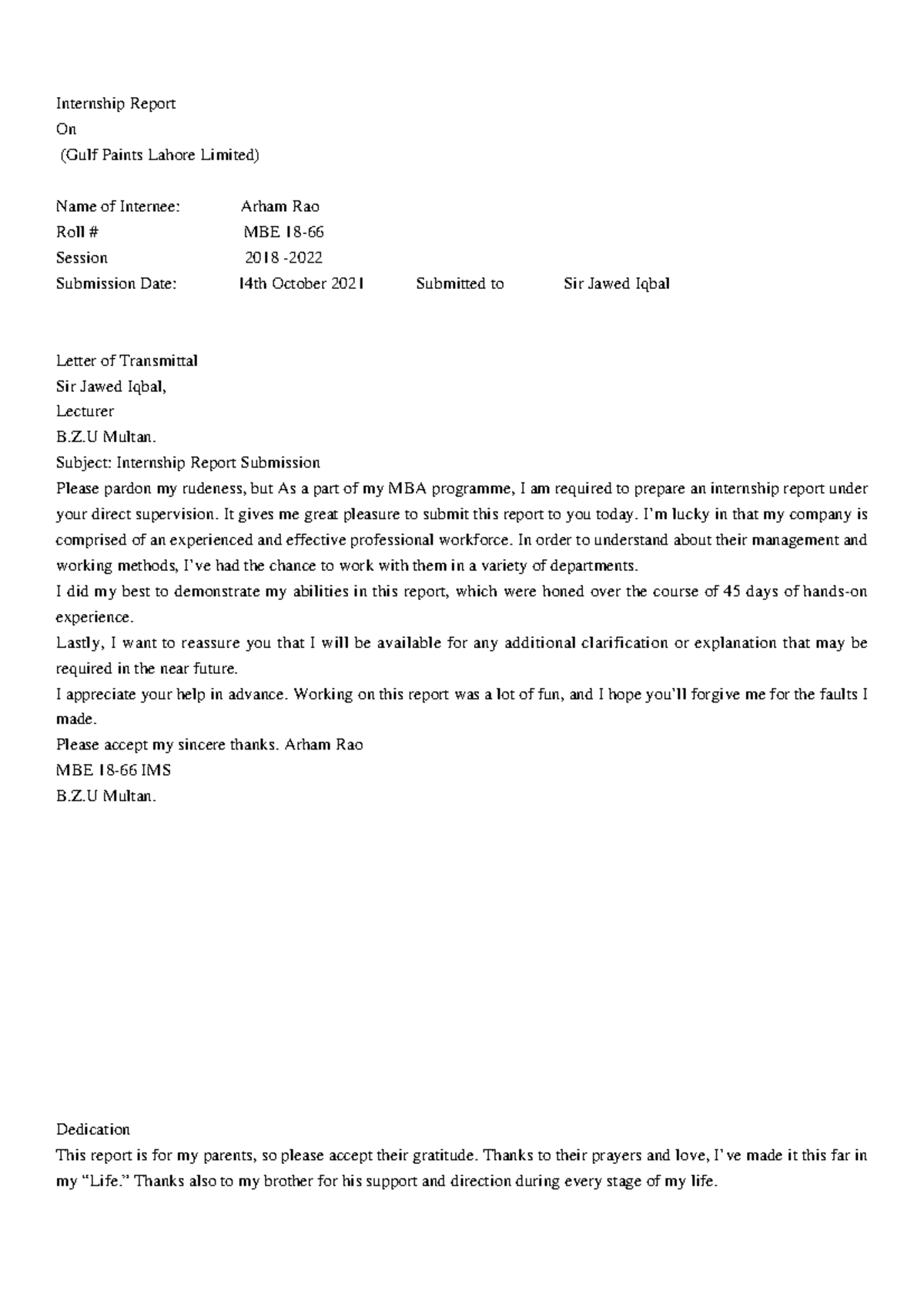 Internship Report Arham Rao MBE18-66 MBA a - Internship Report On (Gulf ...