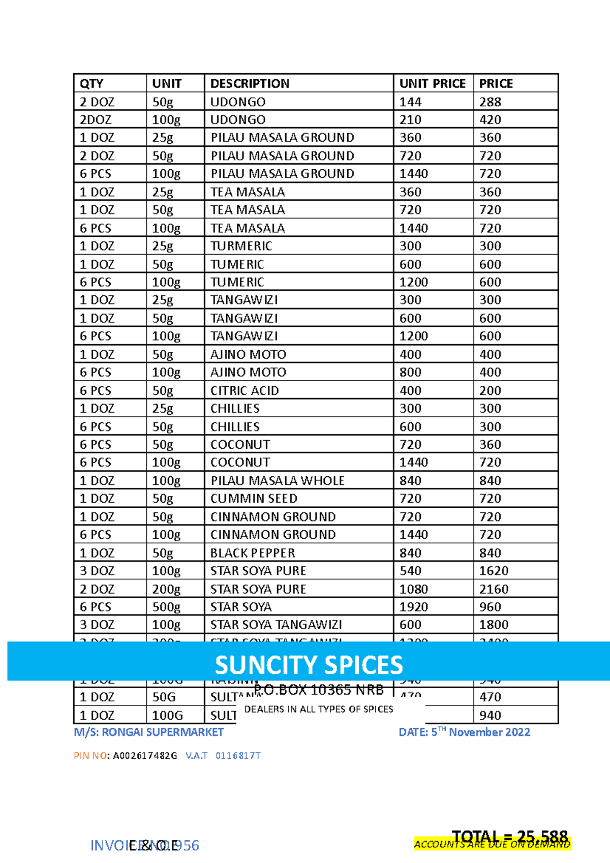 Spices - HHHGHGH - QTY UNIT DESCRIPTION UNIT PRICE PRICE PIN NO ...