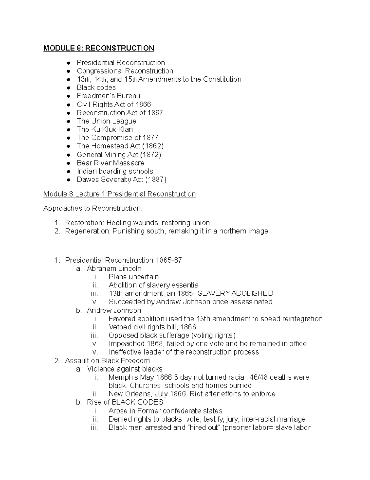 HIST 1700 Module 8 Reconstruction - MODULE 8: RECONSTRUCTION Presidential Reconstruction - Studocu