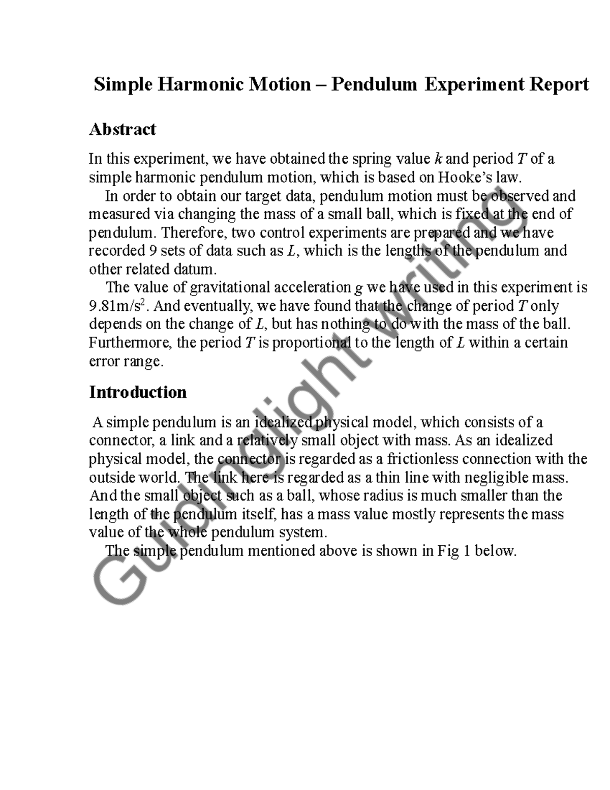 SIMple pendululm and hsm lab report - Simple Harmonic Motion – Pendulum ...