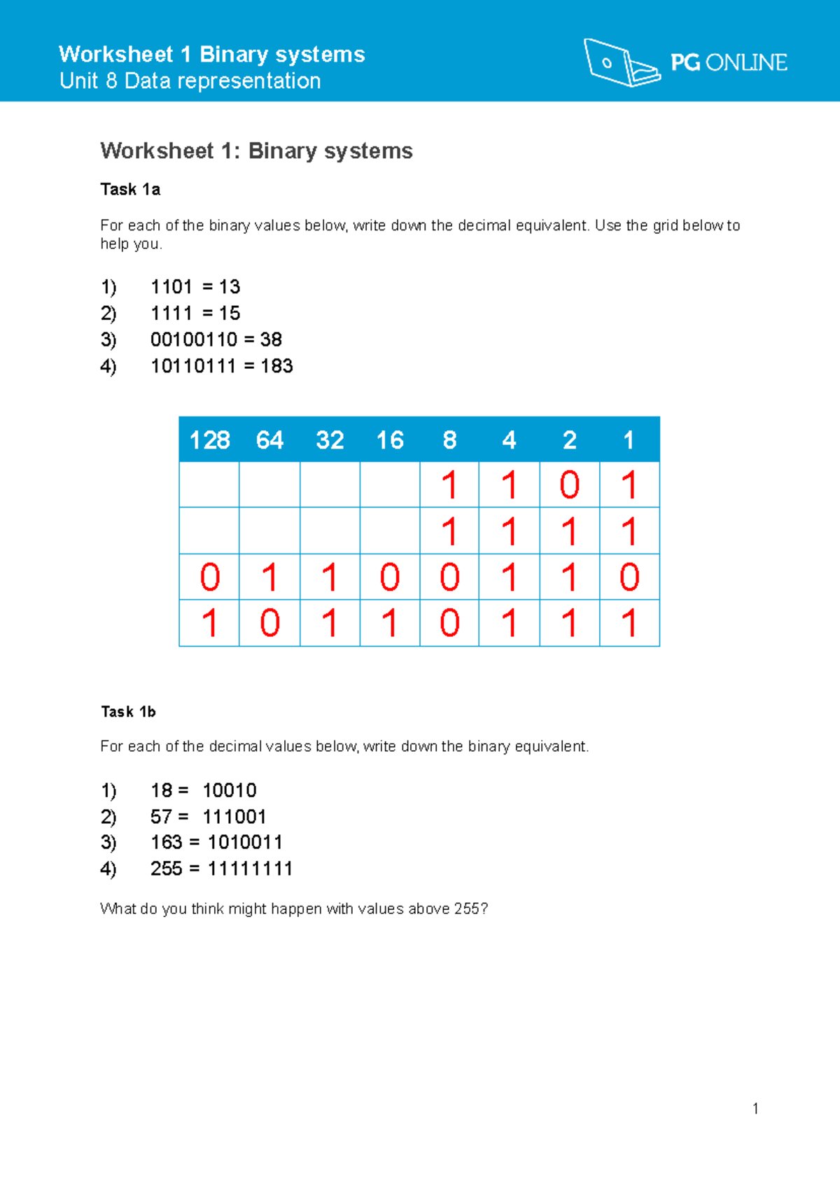 Worksheet 1 - Introduction - Worksheet 1 Binary systems Unit 8 Data representation Worksheet 1 ...