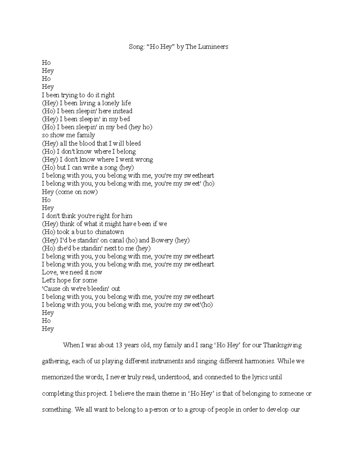 Song Song Song Ho Hey By The Lumineers Ho Hey Ho Hey I Been