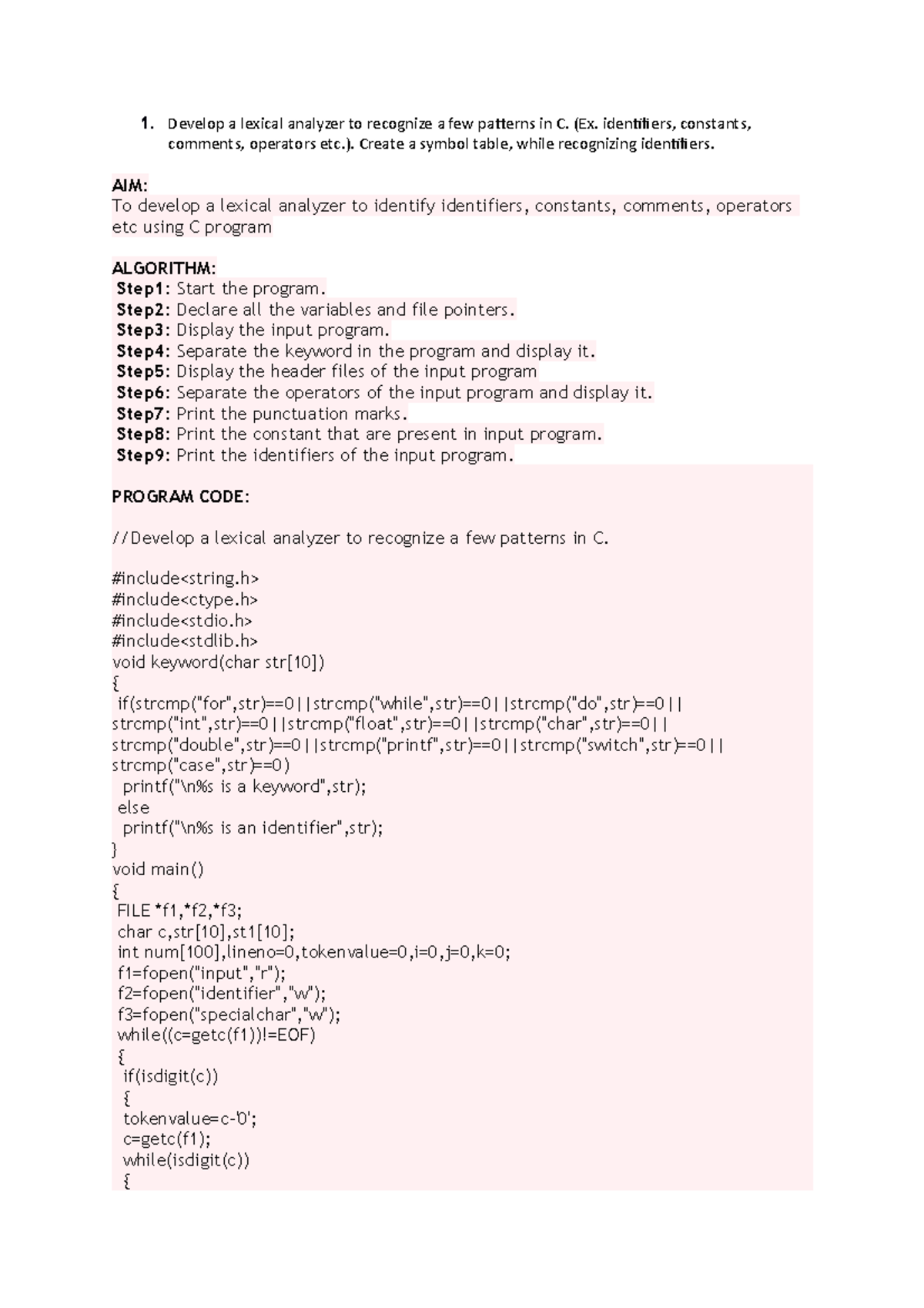 Cd 1 - elective courses - Develop a lexical analyzer to recognize a few ...
