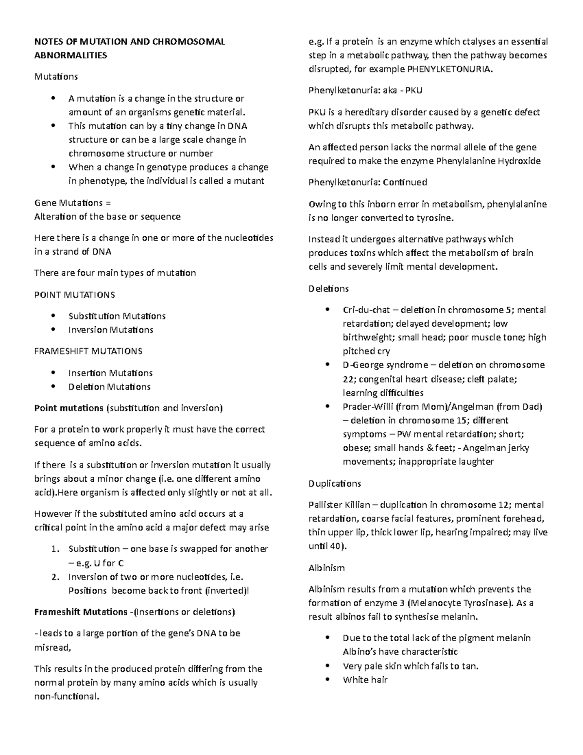 Notes OF Mutation AND Chromosomal Abnormalities - Biological Science ...
