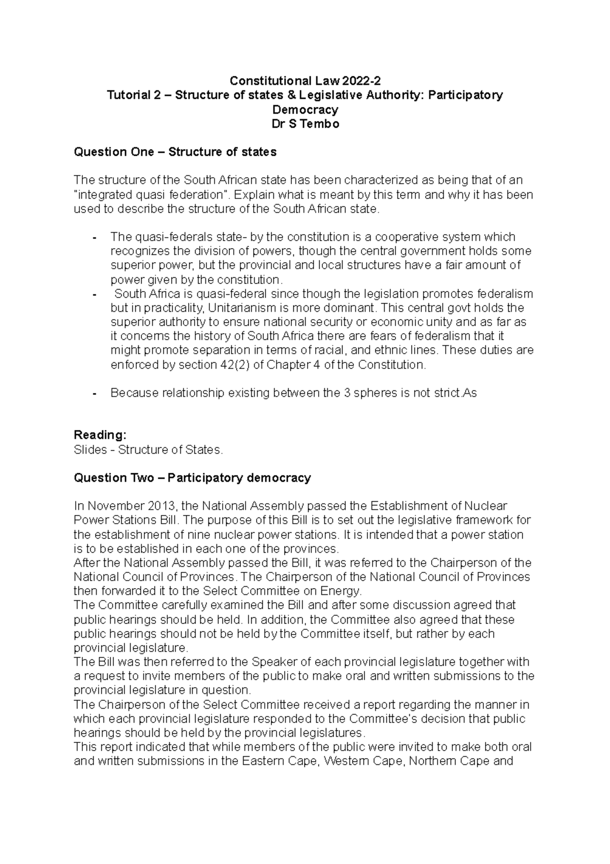 Tutorial Two - Constitutional Law 2022- Tutorial 2 – Structure of ...