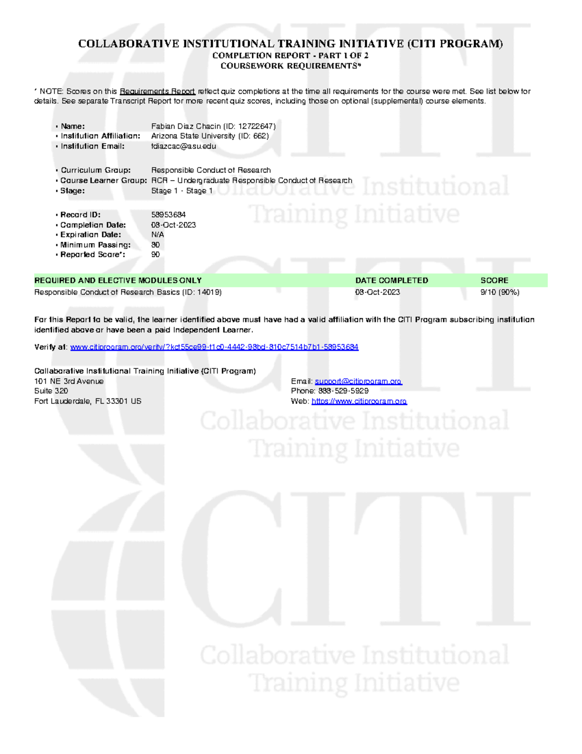 CITI IRB Lname Fname 2023.pdf & CITI RCR Lname Fname 2023 - COLLABORATIVE INSTITUTIONAL TRAINING ...