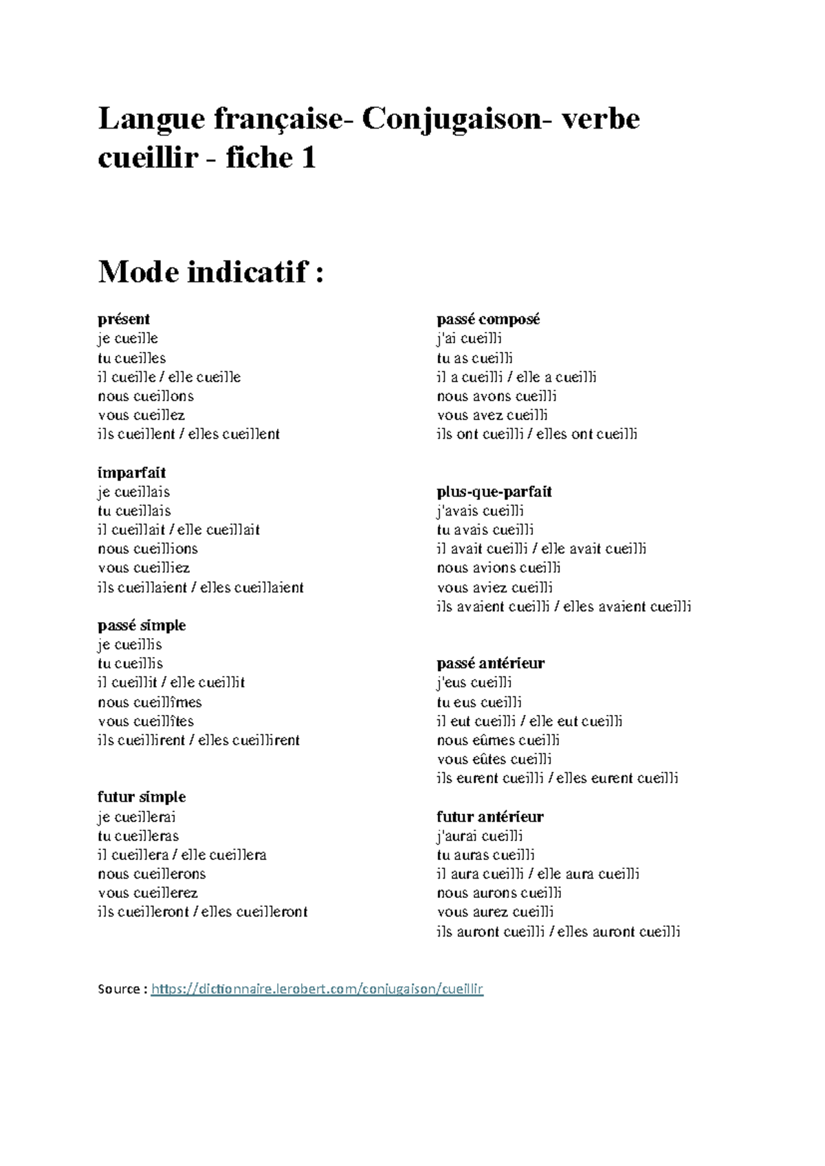 Langue française verbe cueillir Fiche 1 - Langue française- Conjugaison ...