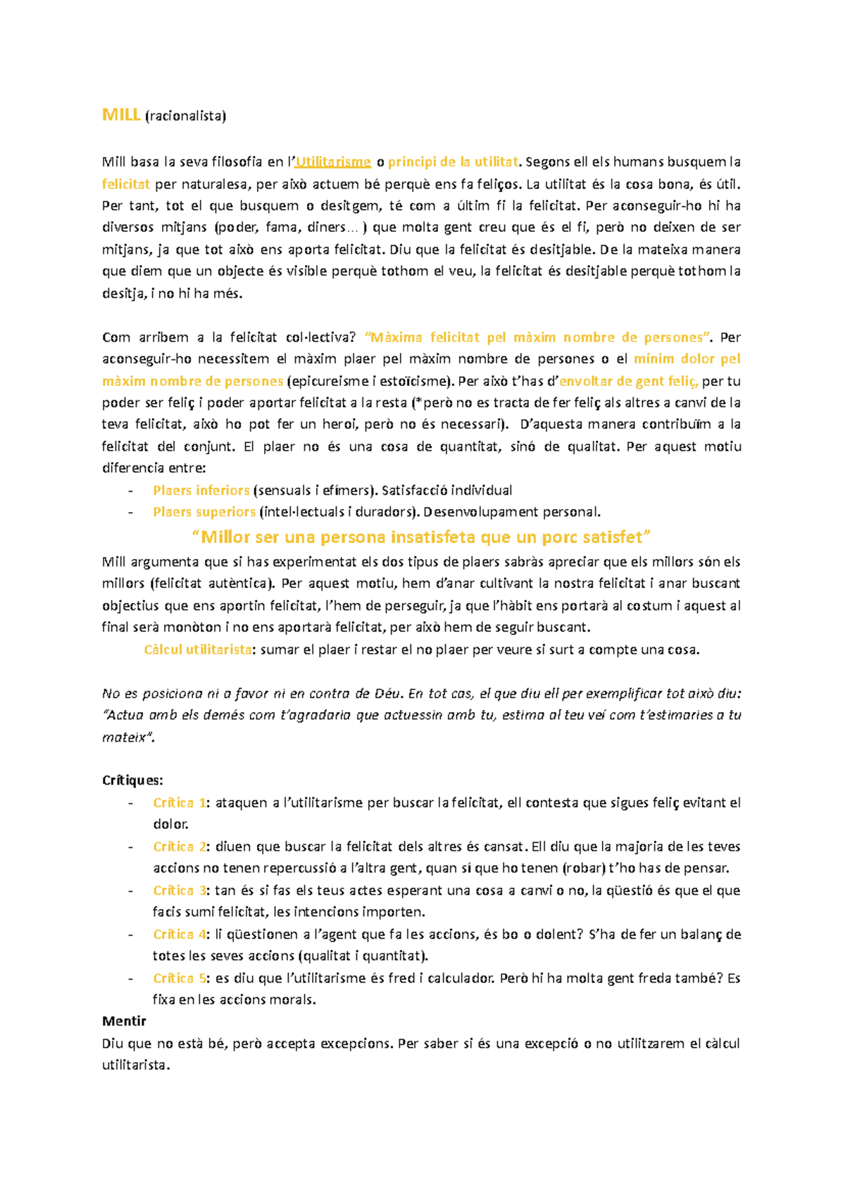 MILL - Resum autor selectivitat. Filosofia. - MILL (racionalista) Mill basa la seva filosofia en ...