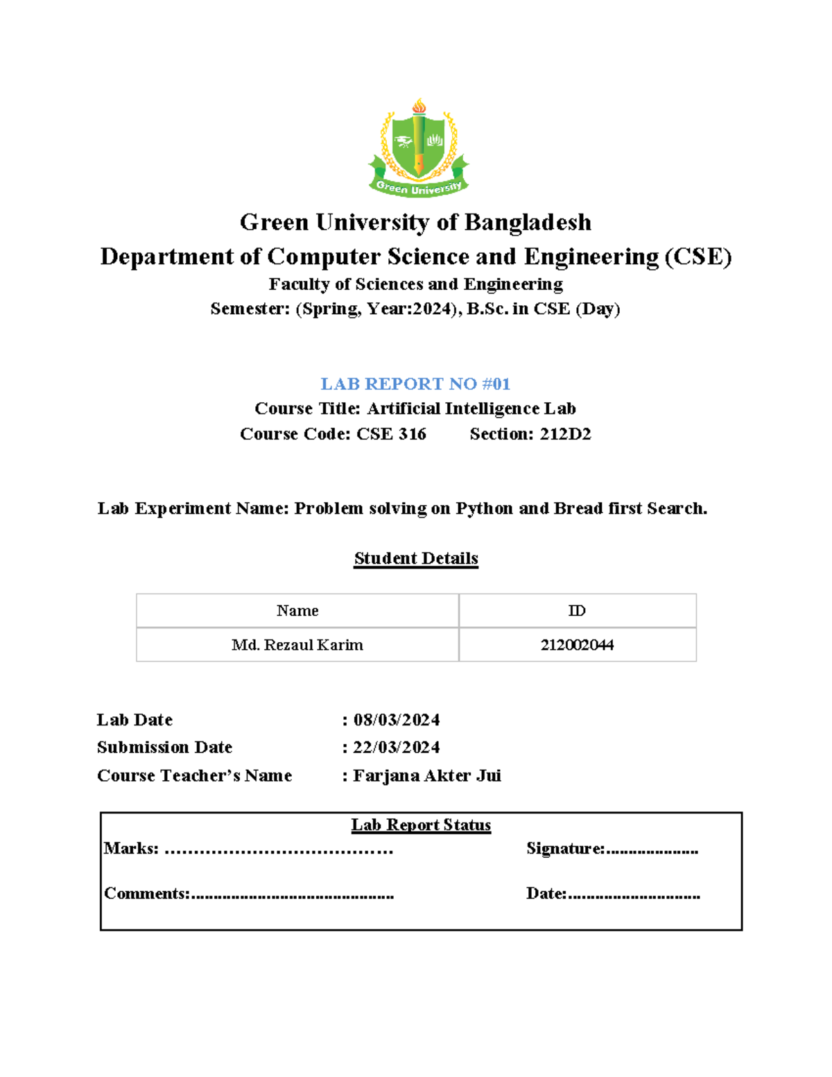 Lab Report 1 - 212002 044 - Green University of Bangladesh Department ...
