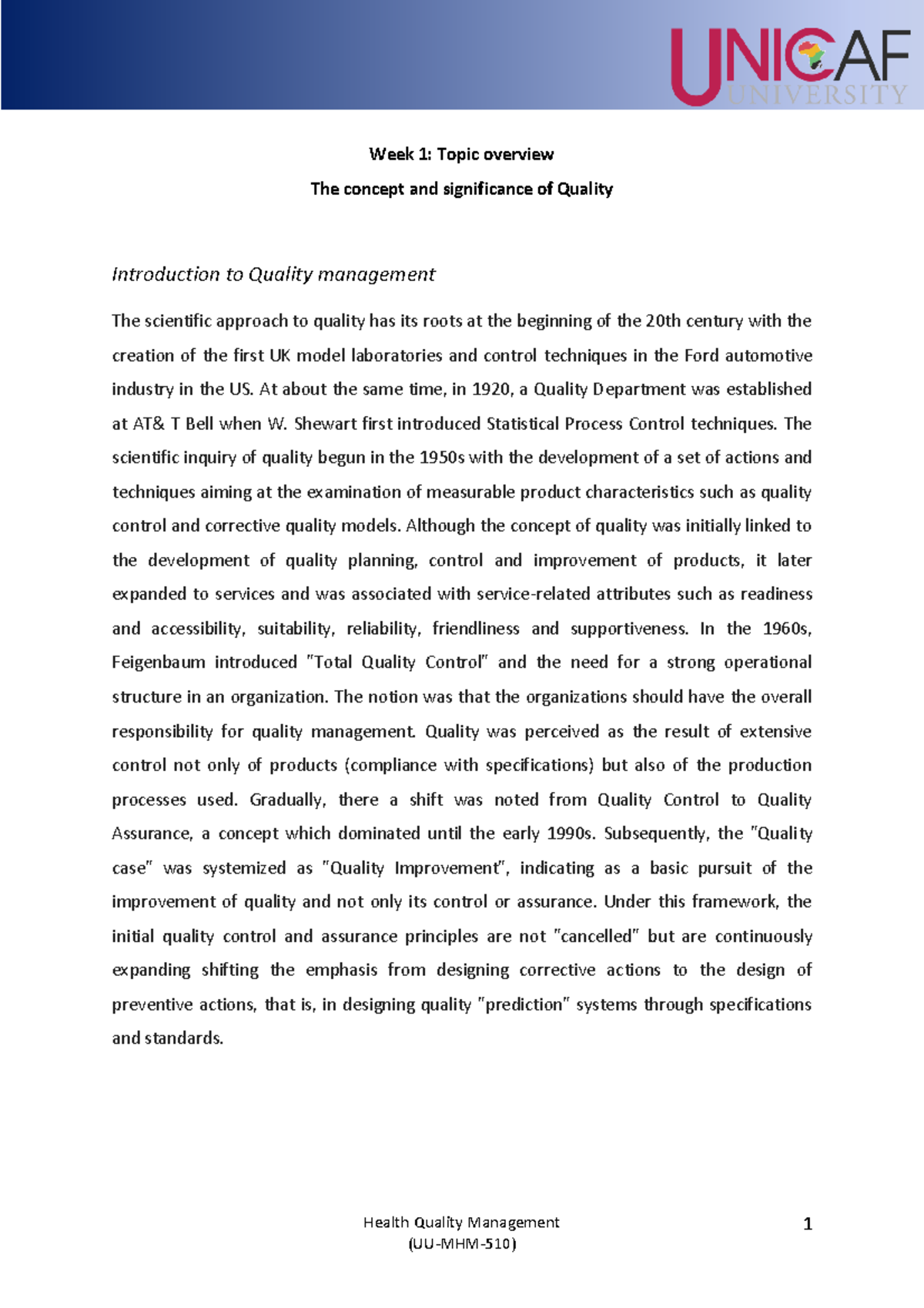 Week 1 - Topic overview - Health Quality Management 1 Week 1: Topic ...