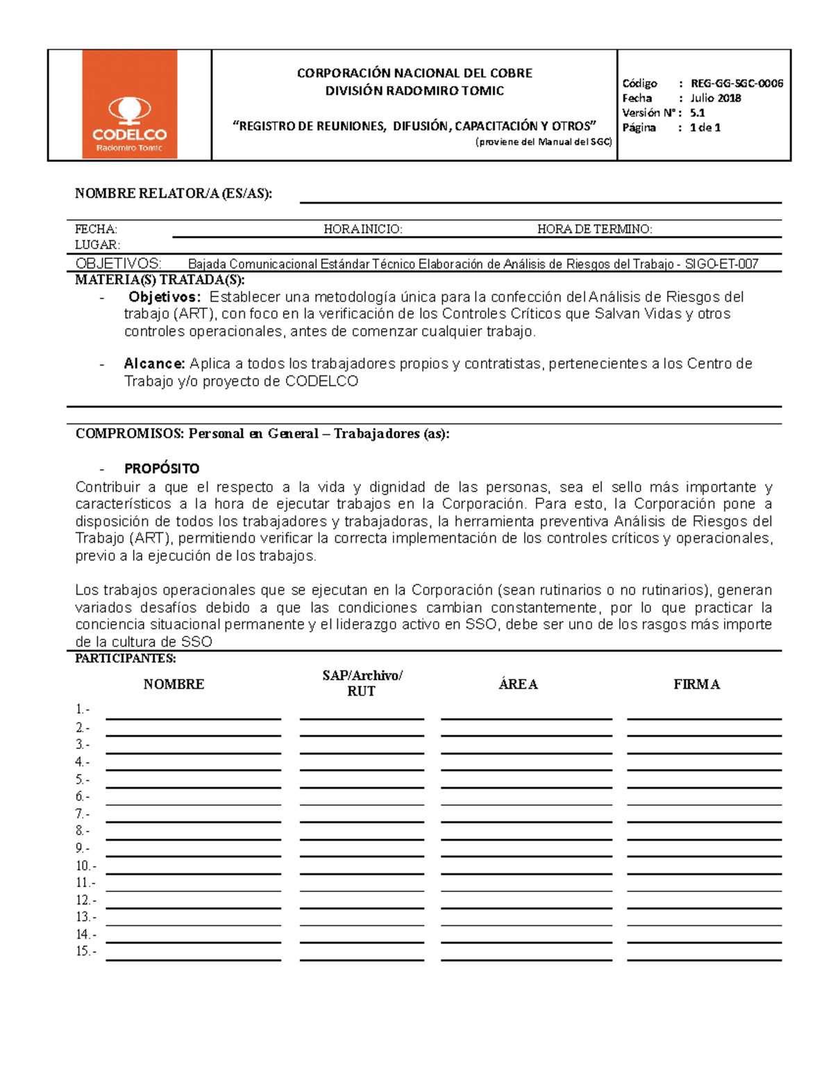 REG-GG-SGC-0006 R006 Uso de ART - CORPORACIÓN NACIONAL DEL COBRE ...