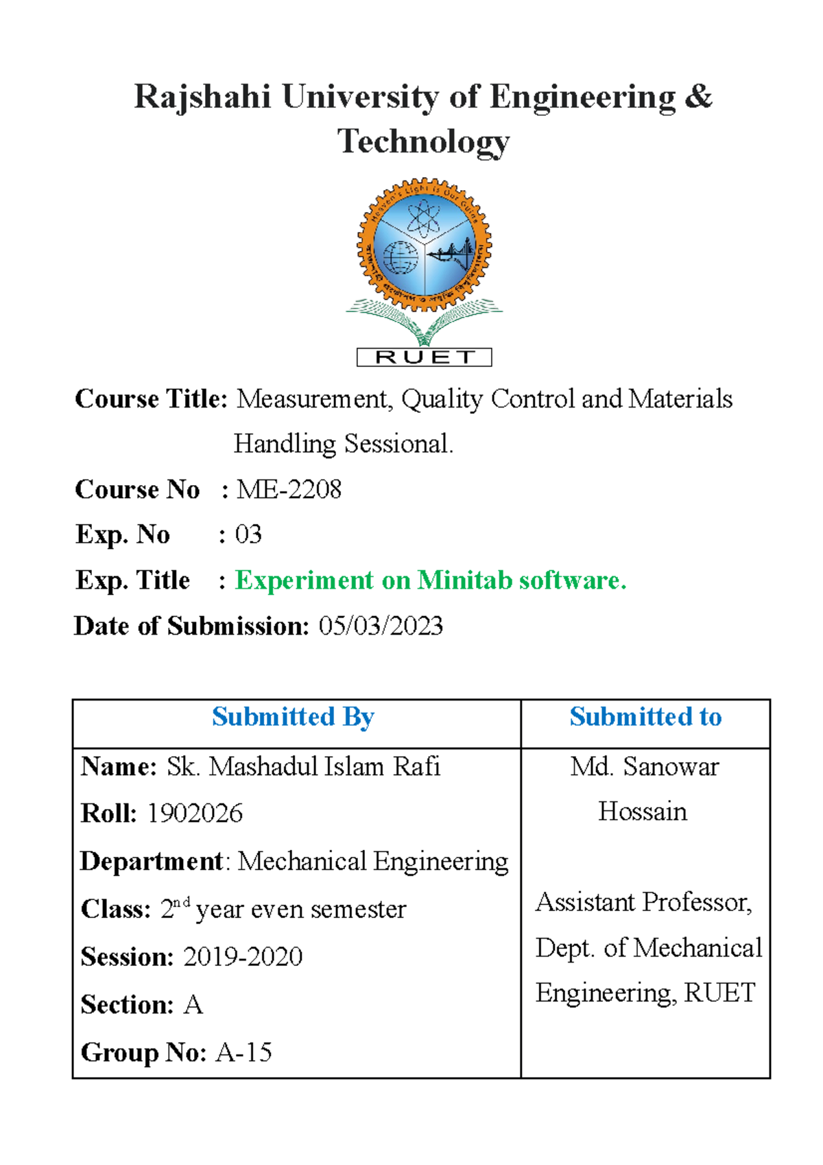 Assignment on Minitab software - Rajshahi University of Engineering ...