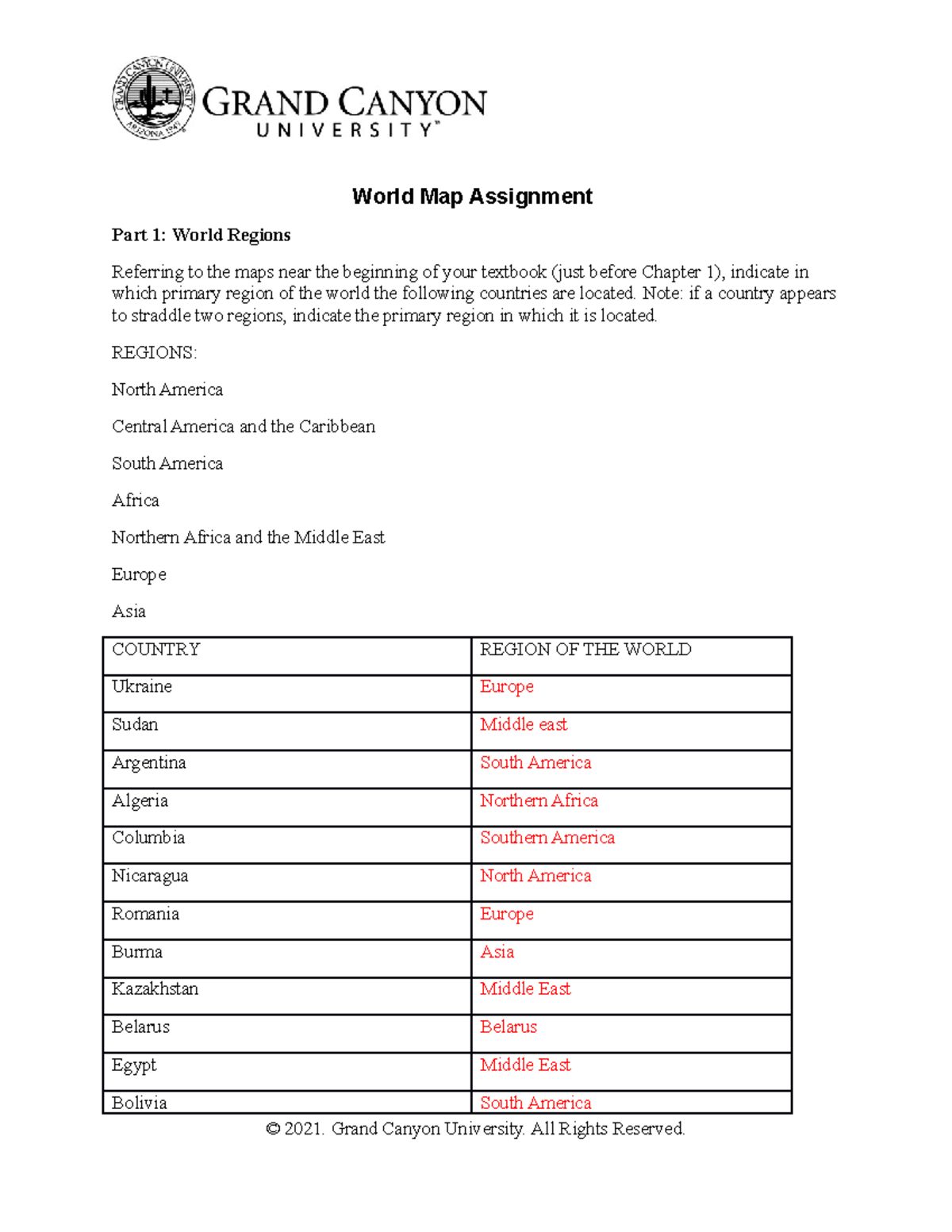 World Map about regions - World Map Assignment Part 1: World Regions ...