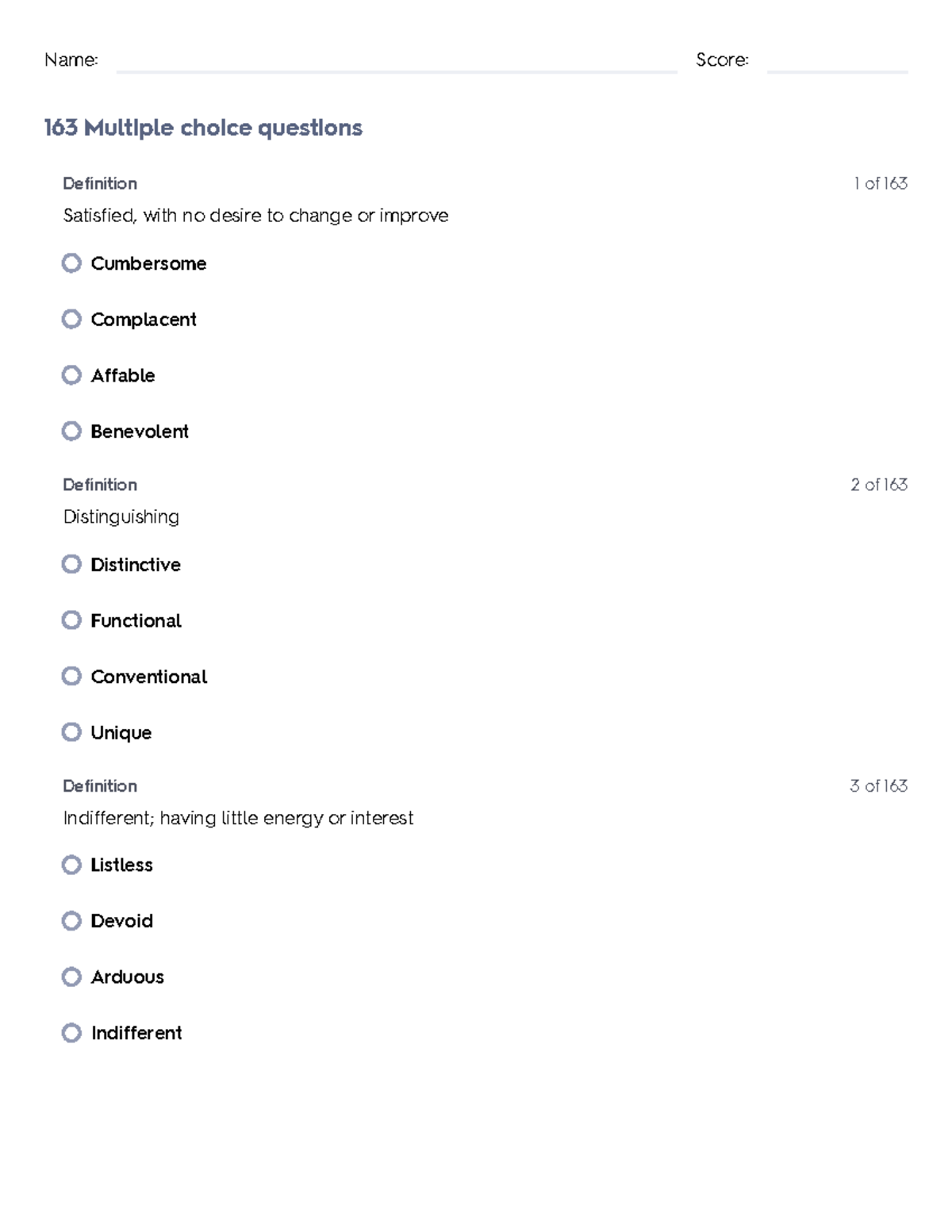 163 ACT Words to Know Quizlet - Name: Score: 163 Multiple choice ...