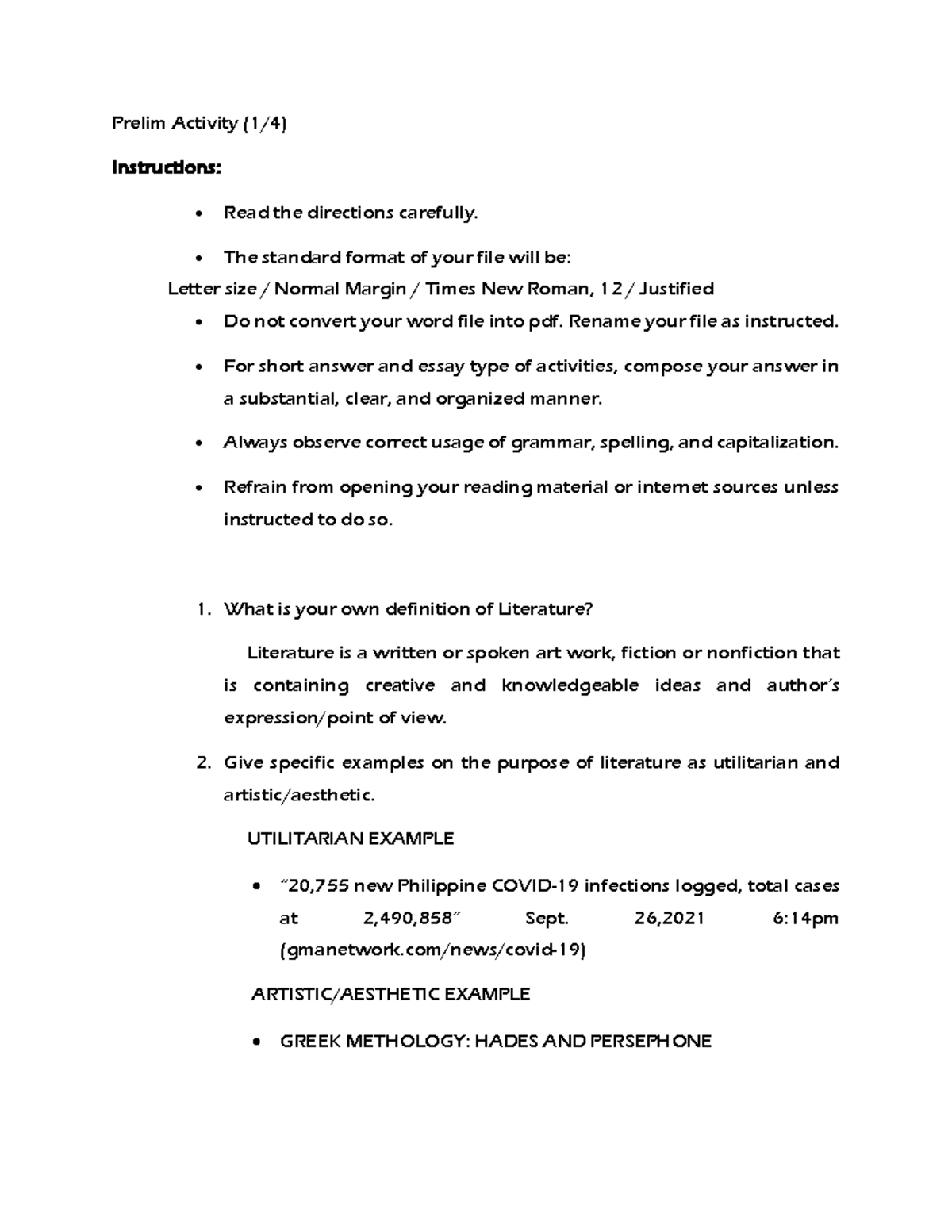 Literature - Prelim Activity (1/4) Instructions: Read the directions ...