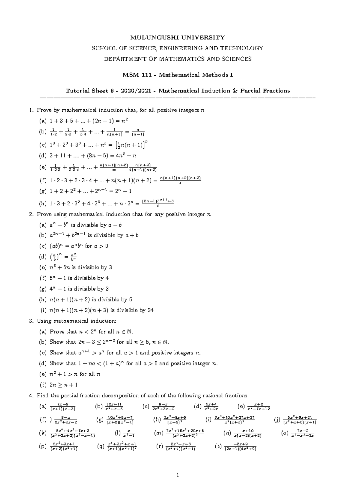 Tutorial Sheet 6 - Mathematical Induction and Partial Fractions ...