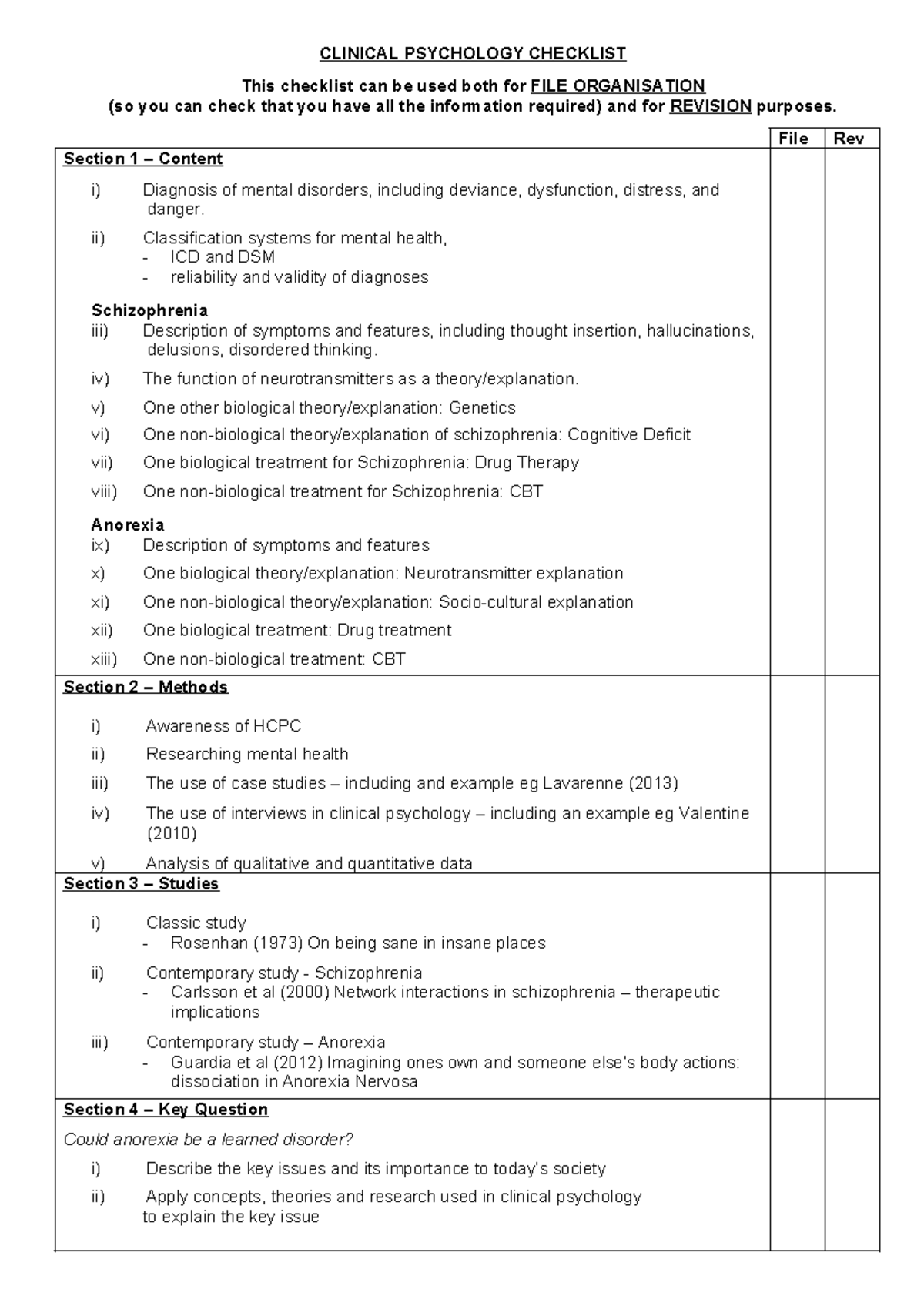 0. Clinical Checklist SGH 2020-21 - CLINICAL PSYCHOLOGY CHECKLIST This ...