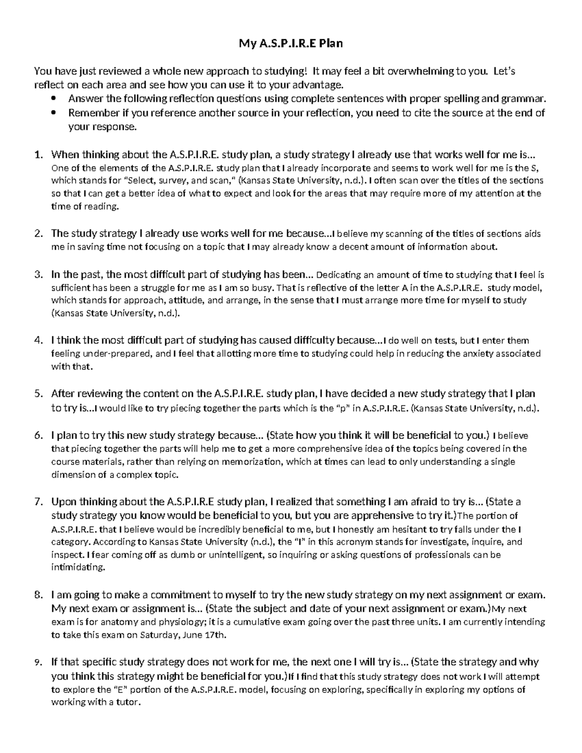 Aspire Plan Week 2 - My A.S.P.I.R Plan You have just reviewed a whole ...