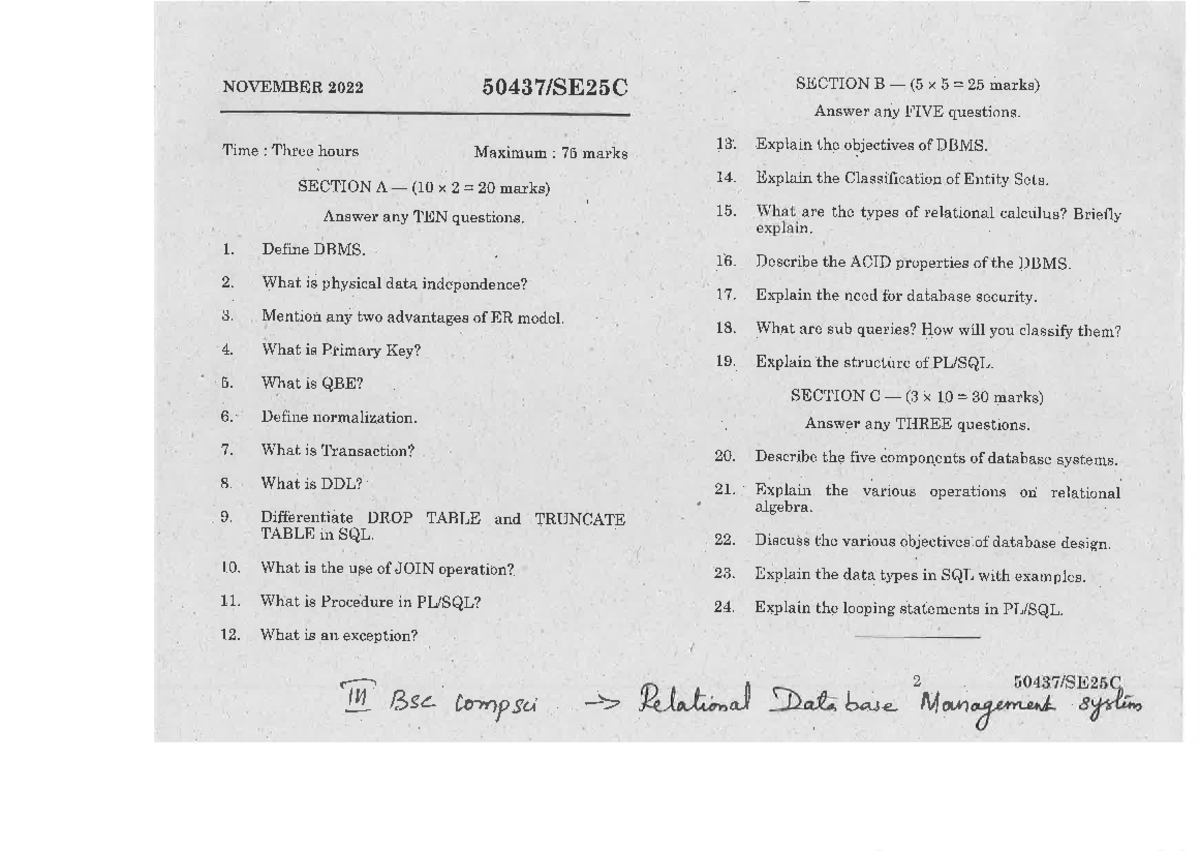 SE25C-NOV22 - RDBMS QUESTION PAPER 2022 - Computer Applications - Studocu