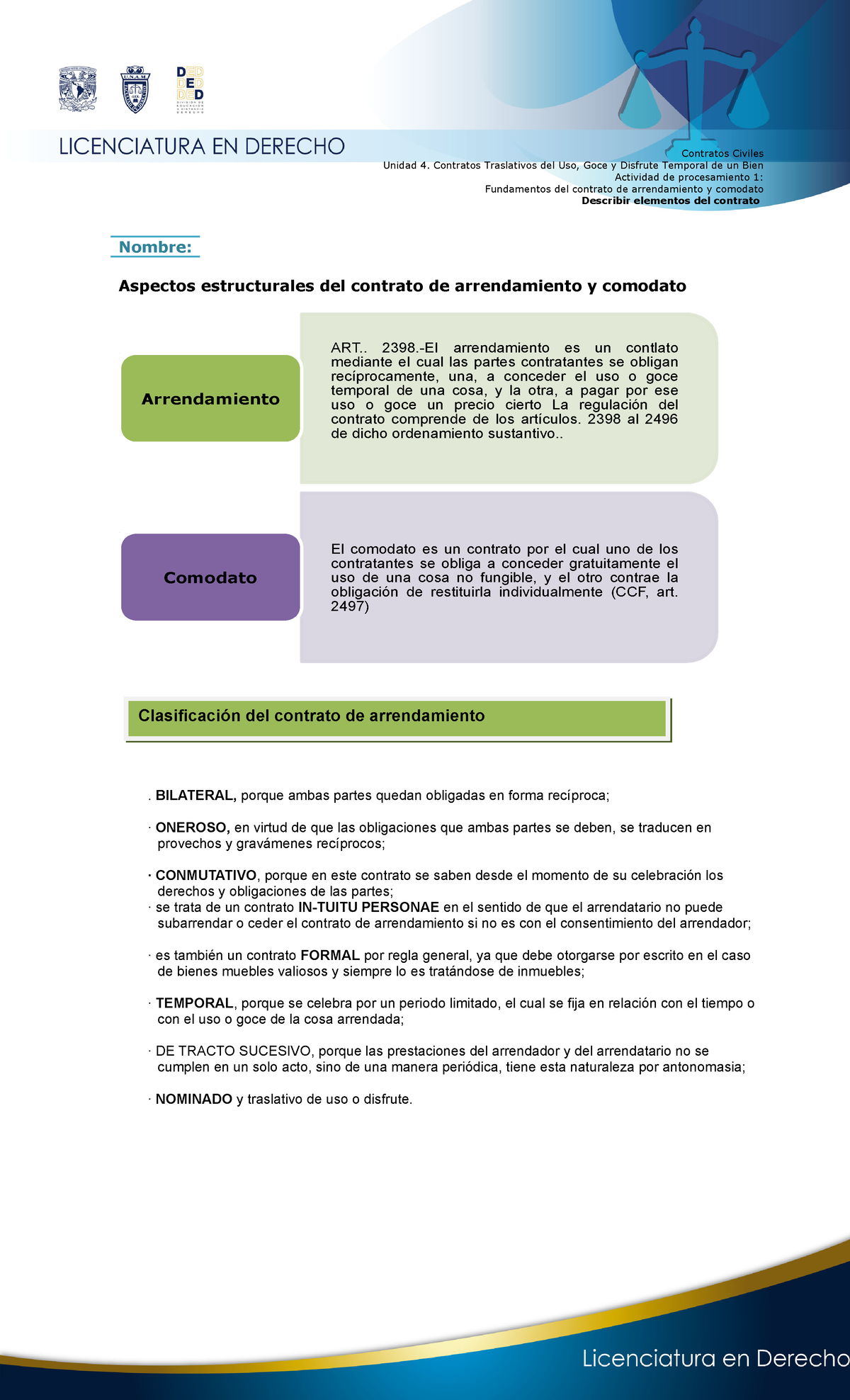 Contratos Civiles U4A1 - Unidad 4. Contratos Traslativos del Uso, Goce ...