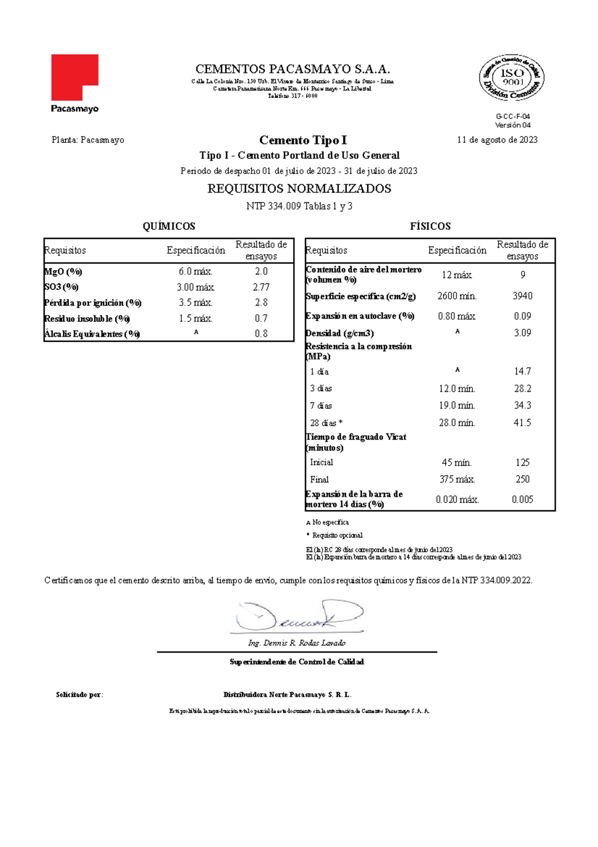 Tipo I - Julio 2023 - VER - CEMENTOS PACASMAYO S.A. G-CC-F- Versión 04 ...